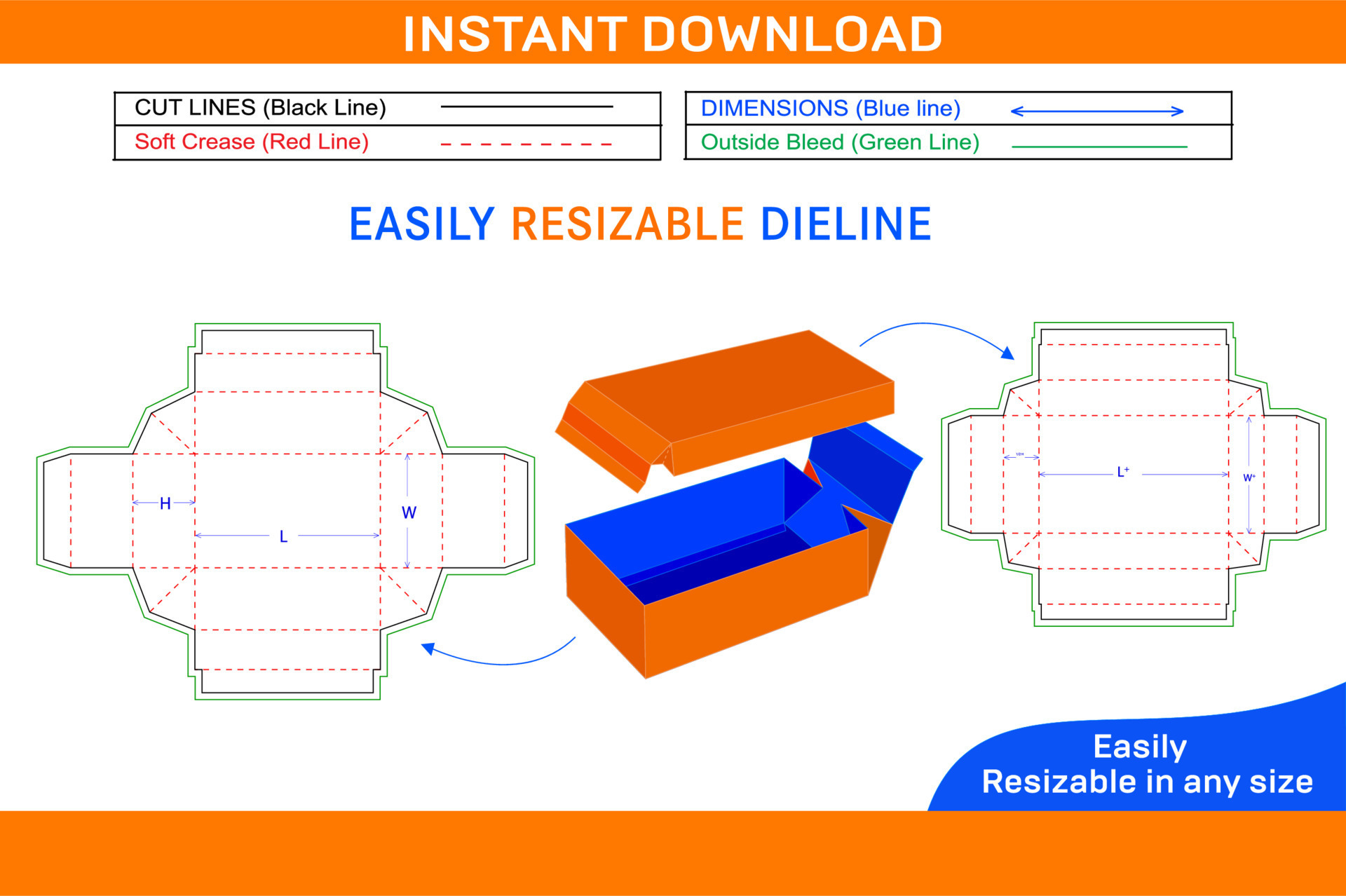 Corrugated standard shipping box, without glue foldable box dieline template Box dieline and 3D ...