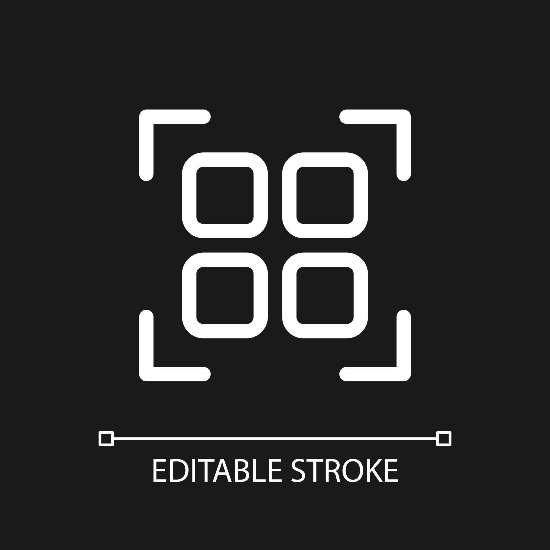 Scan qr code pixel perfect white linear ui icon for dark theme. Decode digital information ...