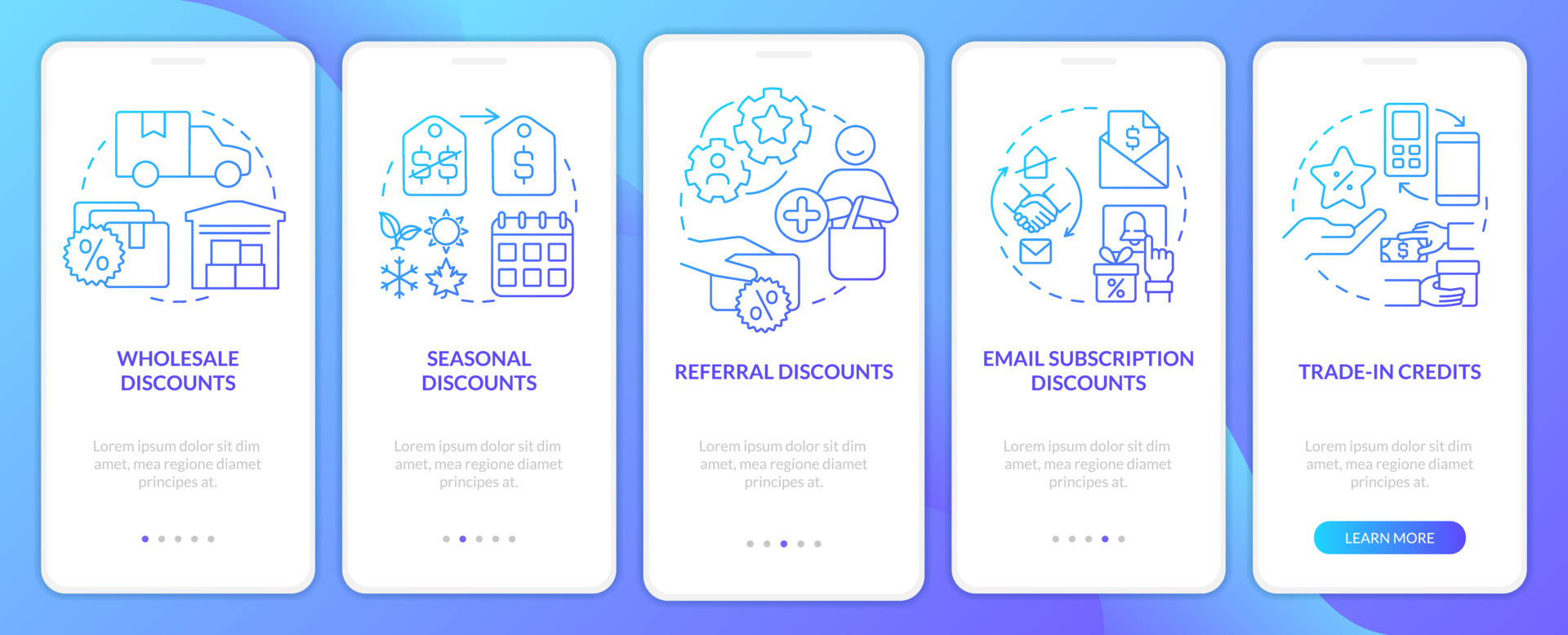 Discount Types Blue Gradient Onboarding Mobile App Screen Allowances Walkthrough 5 Steps