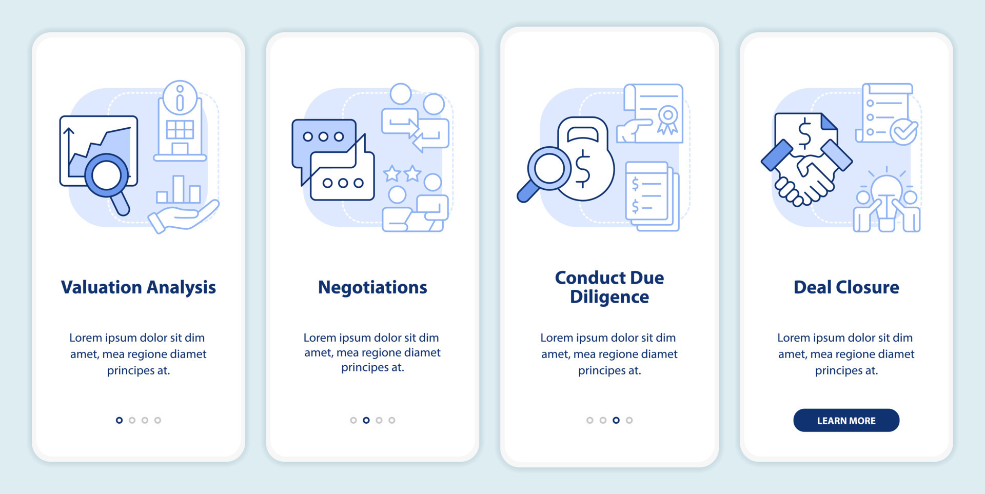 Stages Of Merger Light Blue Onboarding Mobile App Screen Business Walkthrough 4 Steps Editable