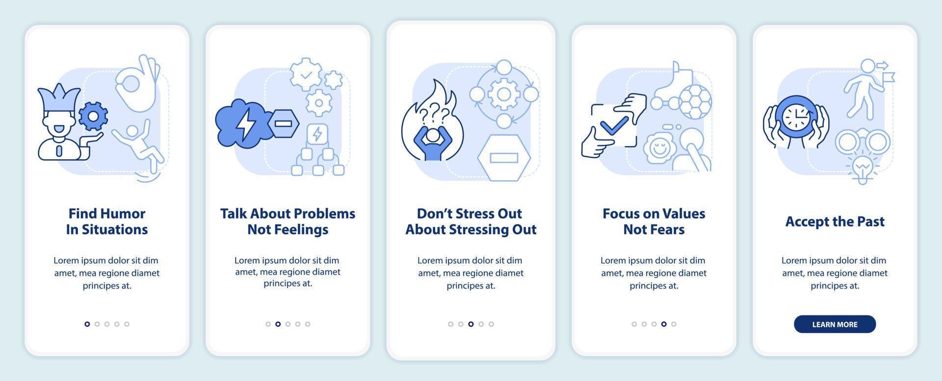 Dealing with change light blue onboarding mobile app screen. Walkthrough 5 steps editable ...