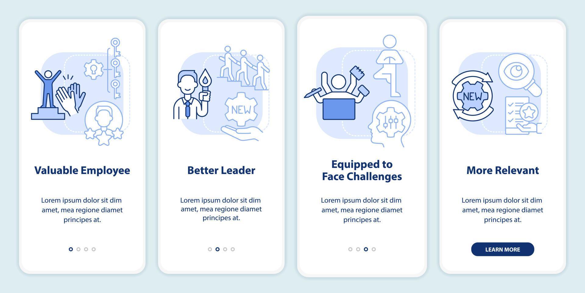 Workplace Adaptability Light Blue Onboarding Mobile App Screen Walkthrough 4 Steps Editable
