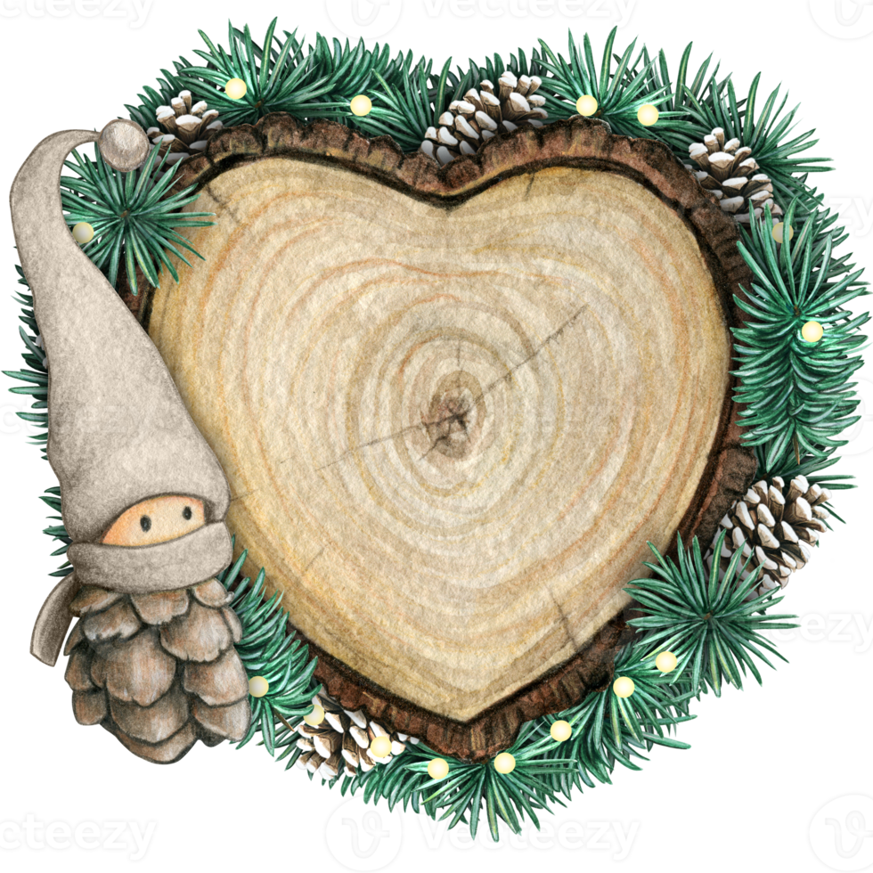 Watercolor Hand Drawn Wooden Heart Slice With Elves Pinecones And Pine Branches 21388637 Png