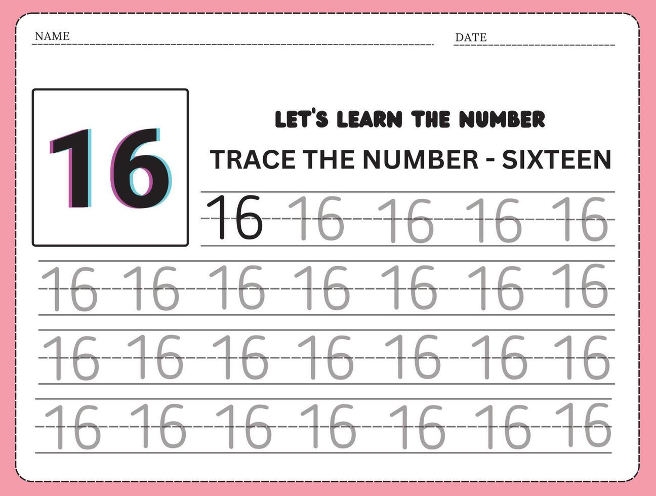 Trace and write the number 16. Handwriting practice. Learning numbers ...