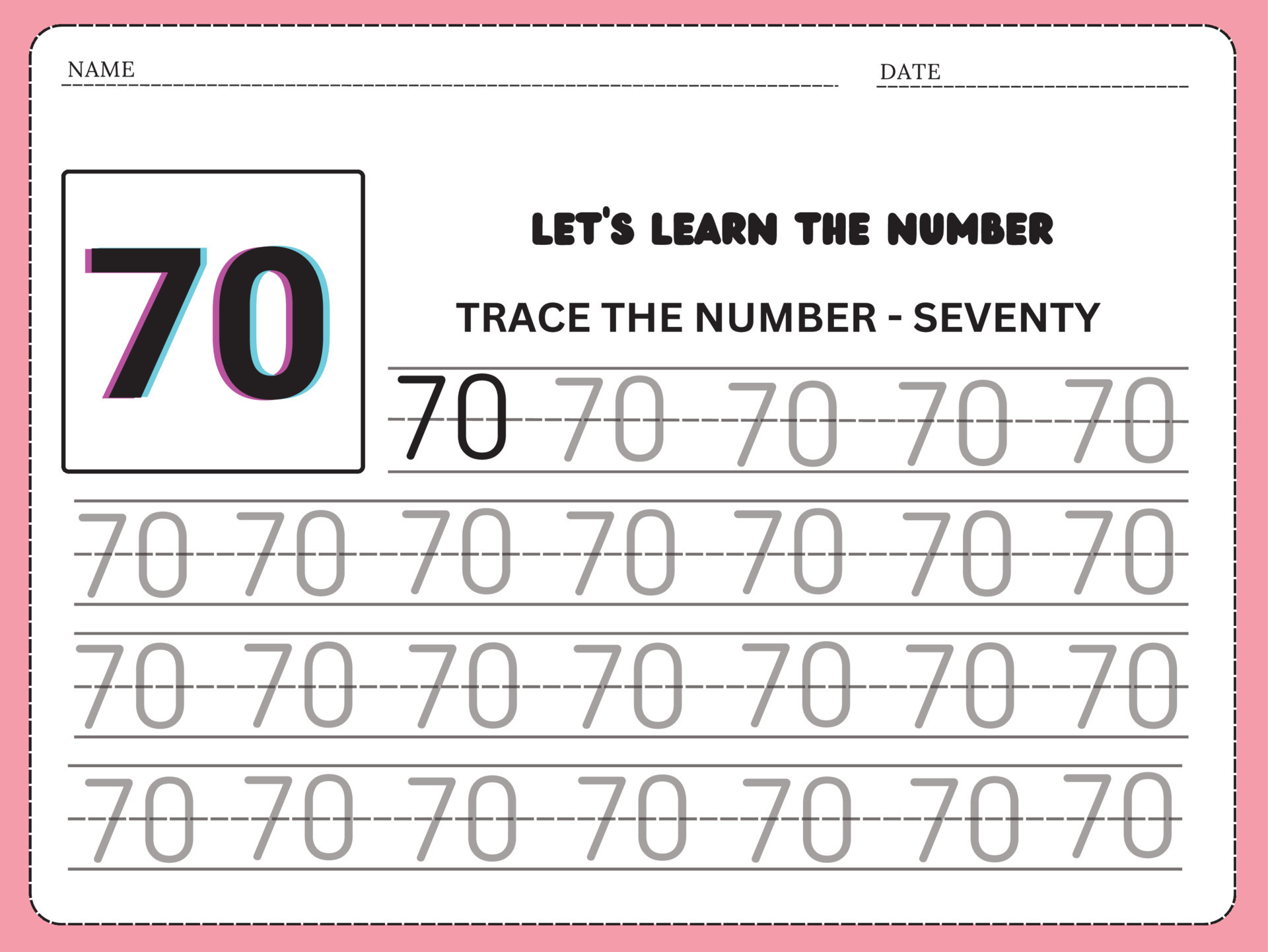 Trace and write the number 70. Handwriting practice. Learning numbers ...