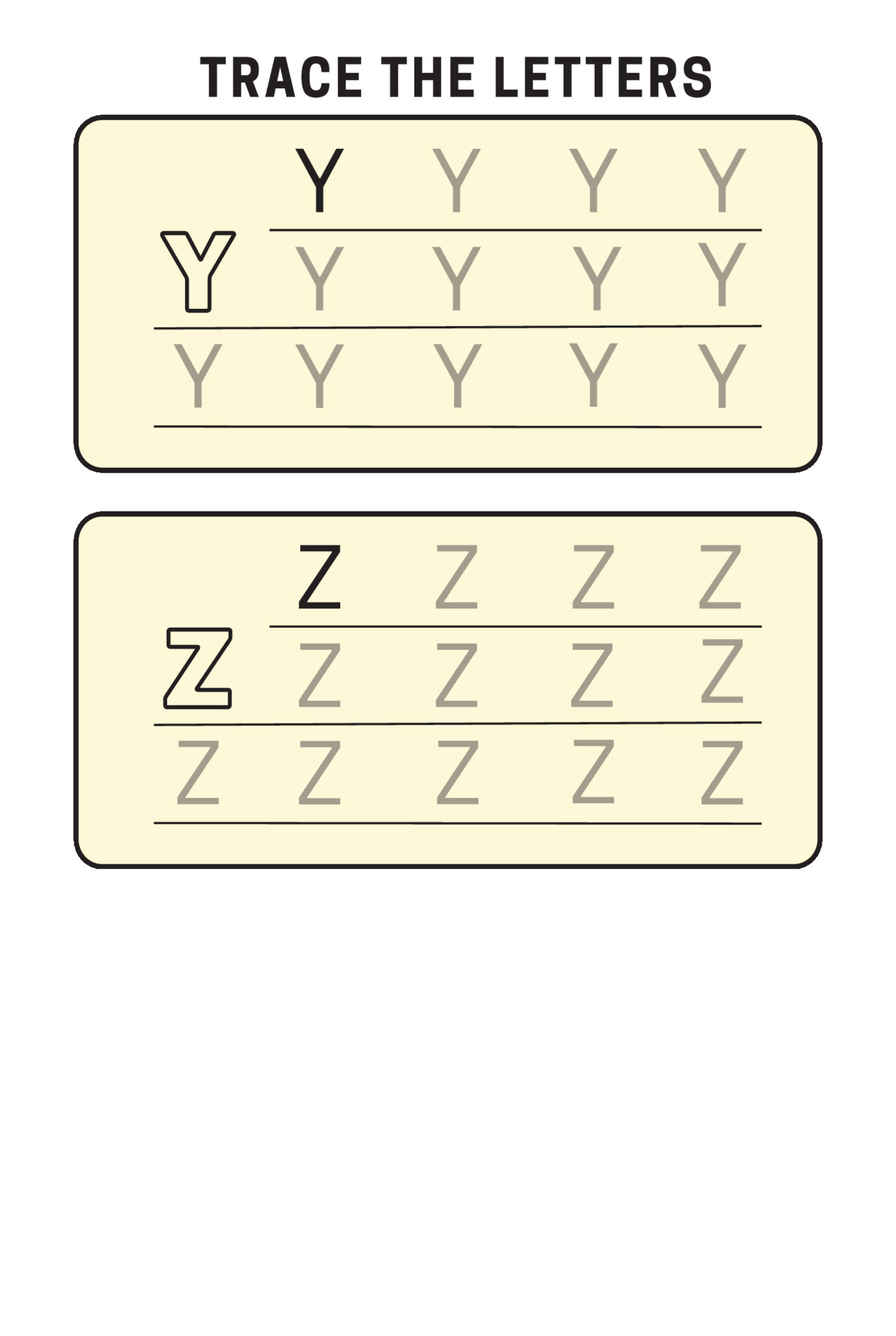 Alphabet tracing practice Letters Y, Z. Tracing practice worksheet ...