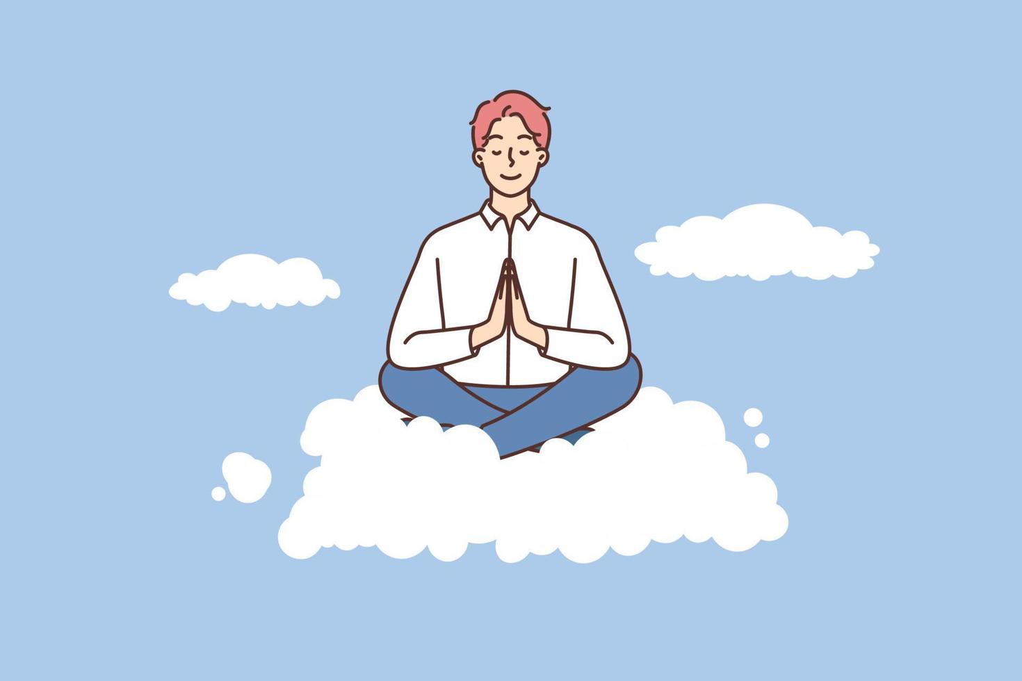 Calm businessman sit on cloud with mudra hands meditating. Smiling male ... Calm businessman sit on cloud with mudra hands meditating. Smiling male ...