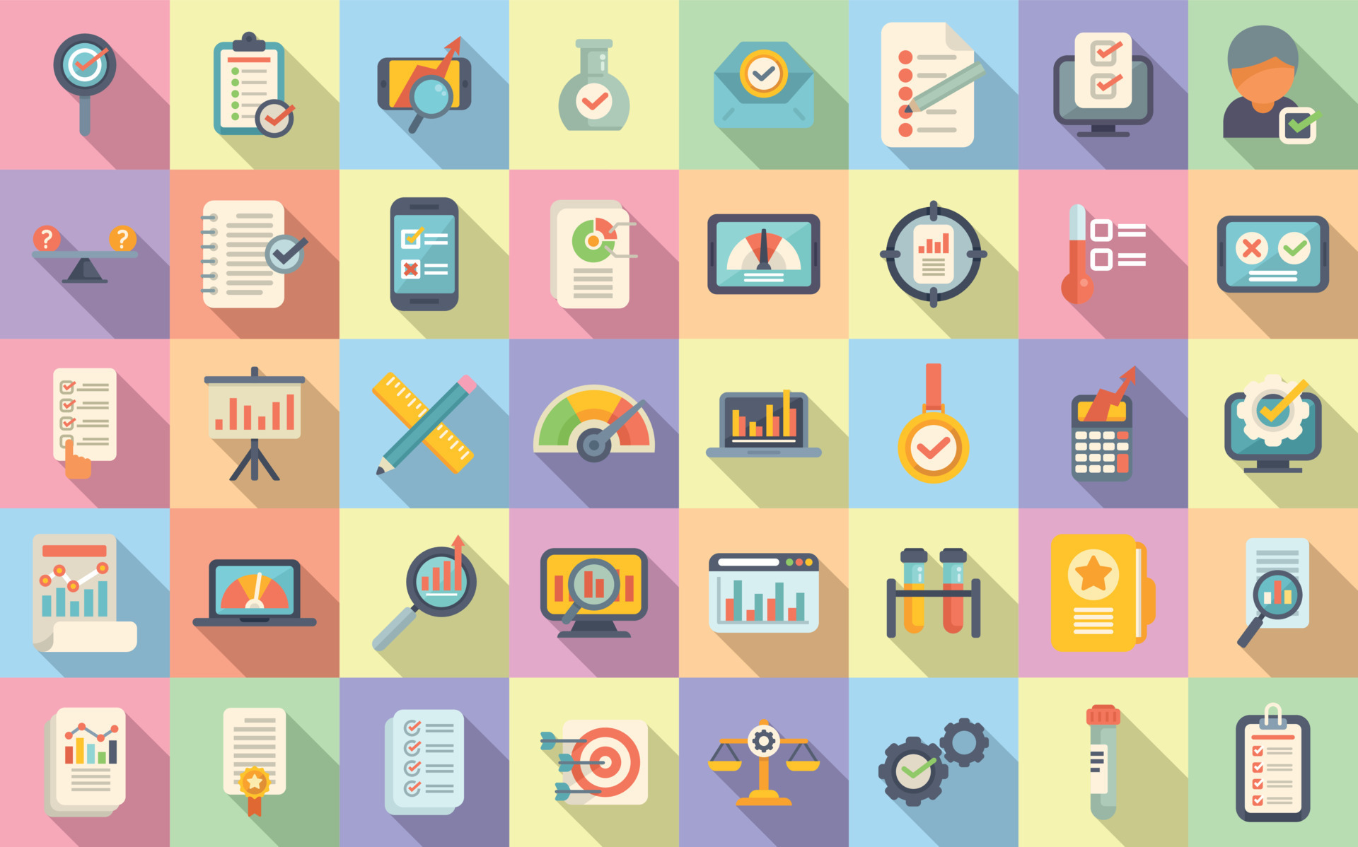 Benchmark Testing Icons Set Flat Vector Aspekt Development 21410364 Vector Art At Vecteezy