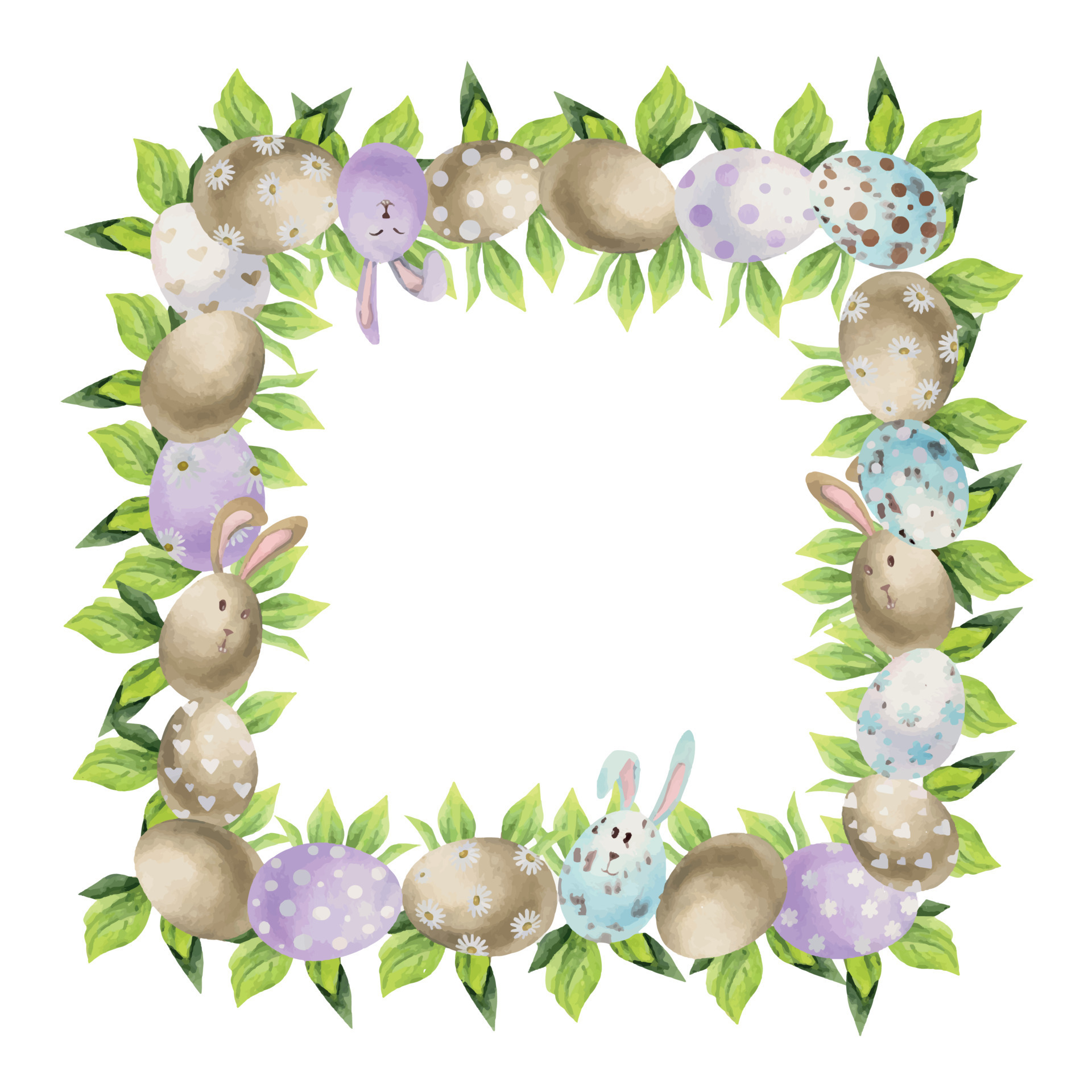 Watercolor hand drawn Easter celebration clipart. Border frame of eggs ...