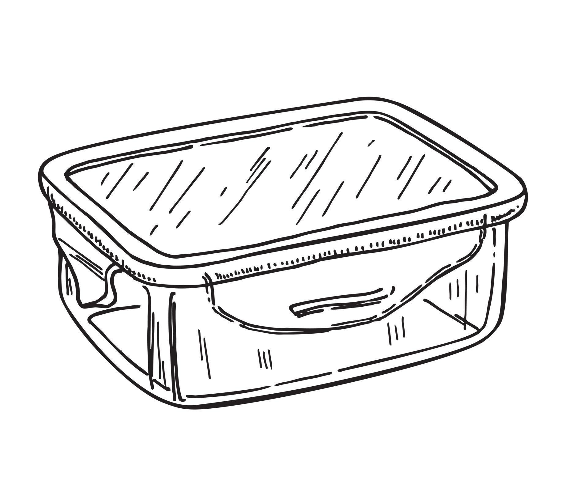 Plastic food container. sketch low rectangular empty plastic bucket for storage of foodstuff ...