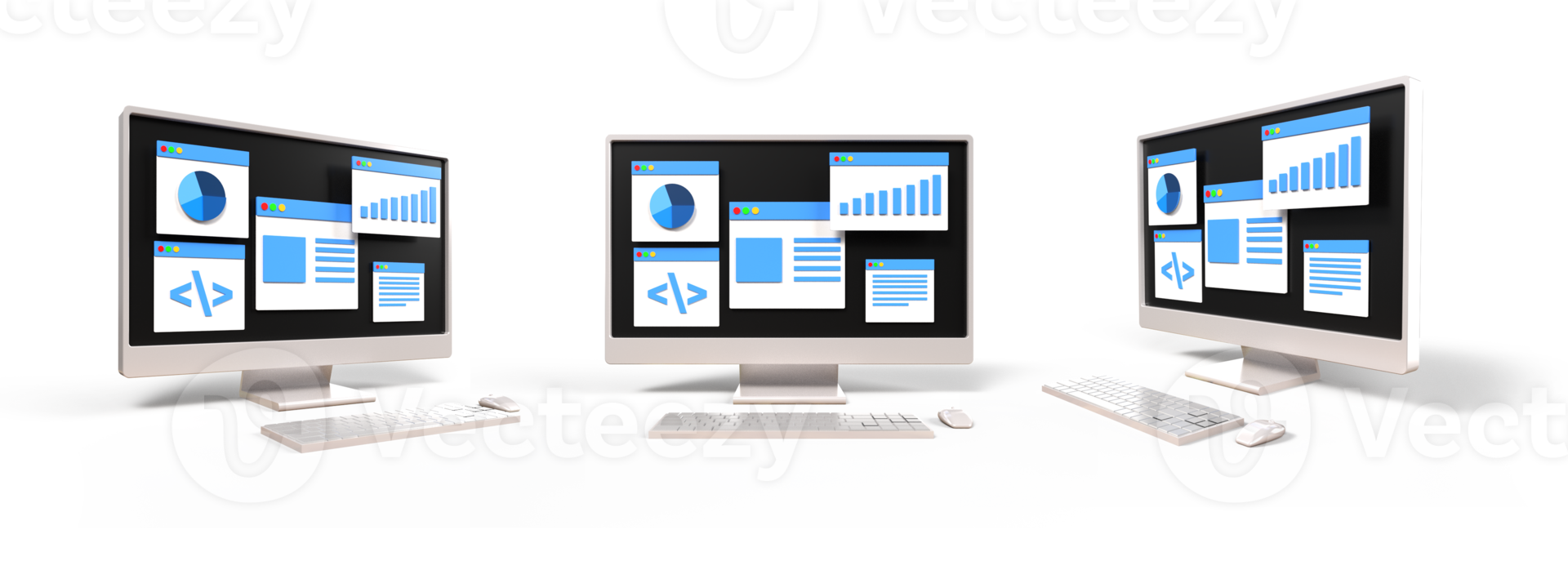 3D computer setup, keyboard, mouse with monitor screen graphic bar, financial, annual report ...