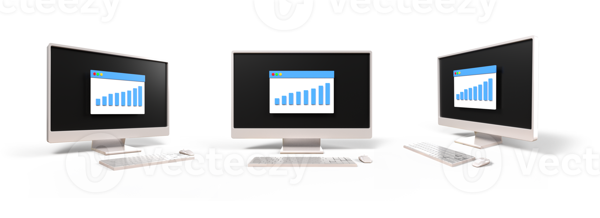 3D computer setup, keyboard, mouse with monitor screen graphic bar, financial, annual report ...