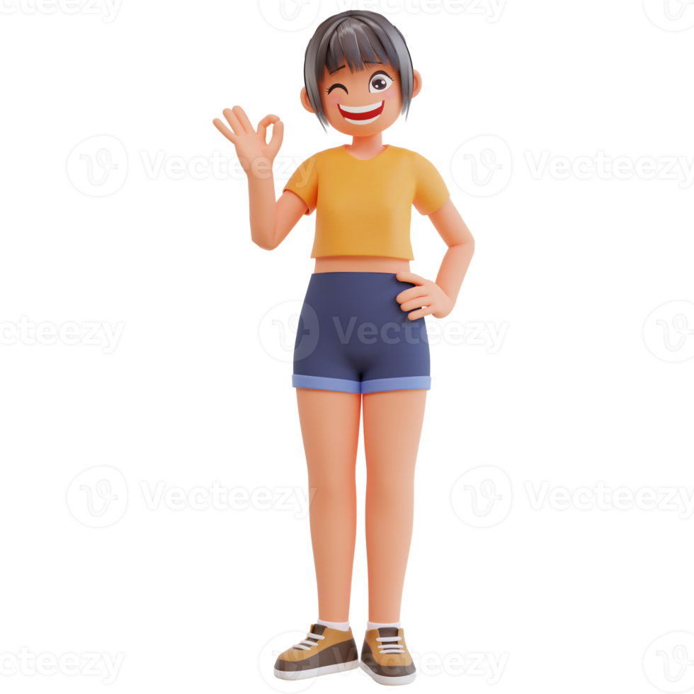 Cute Girls Show Hand With Ok Symbol 3d Cartoon Illustration 21457316 Png