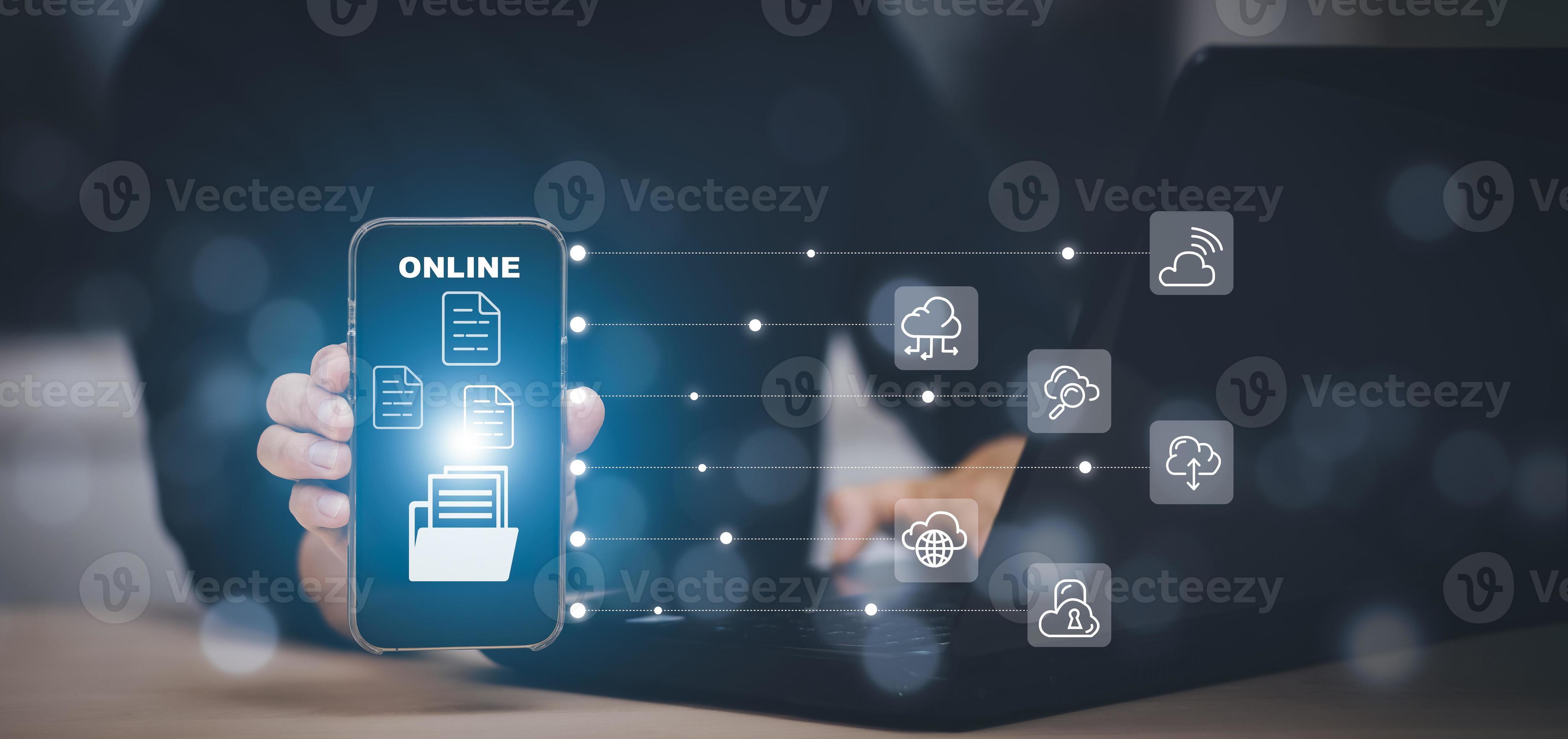 Hand hold smartphone and folder of document Management System, online documentation database and ...