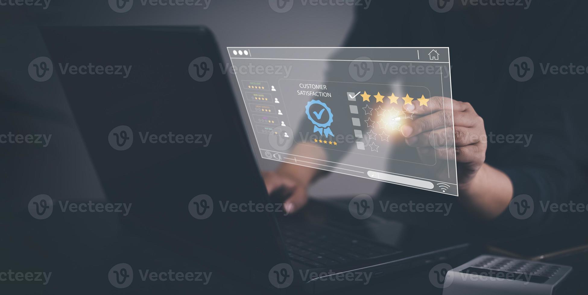 Man touch smartphone with Customer review satisfaction feedback survey concept, User give rating ...