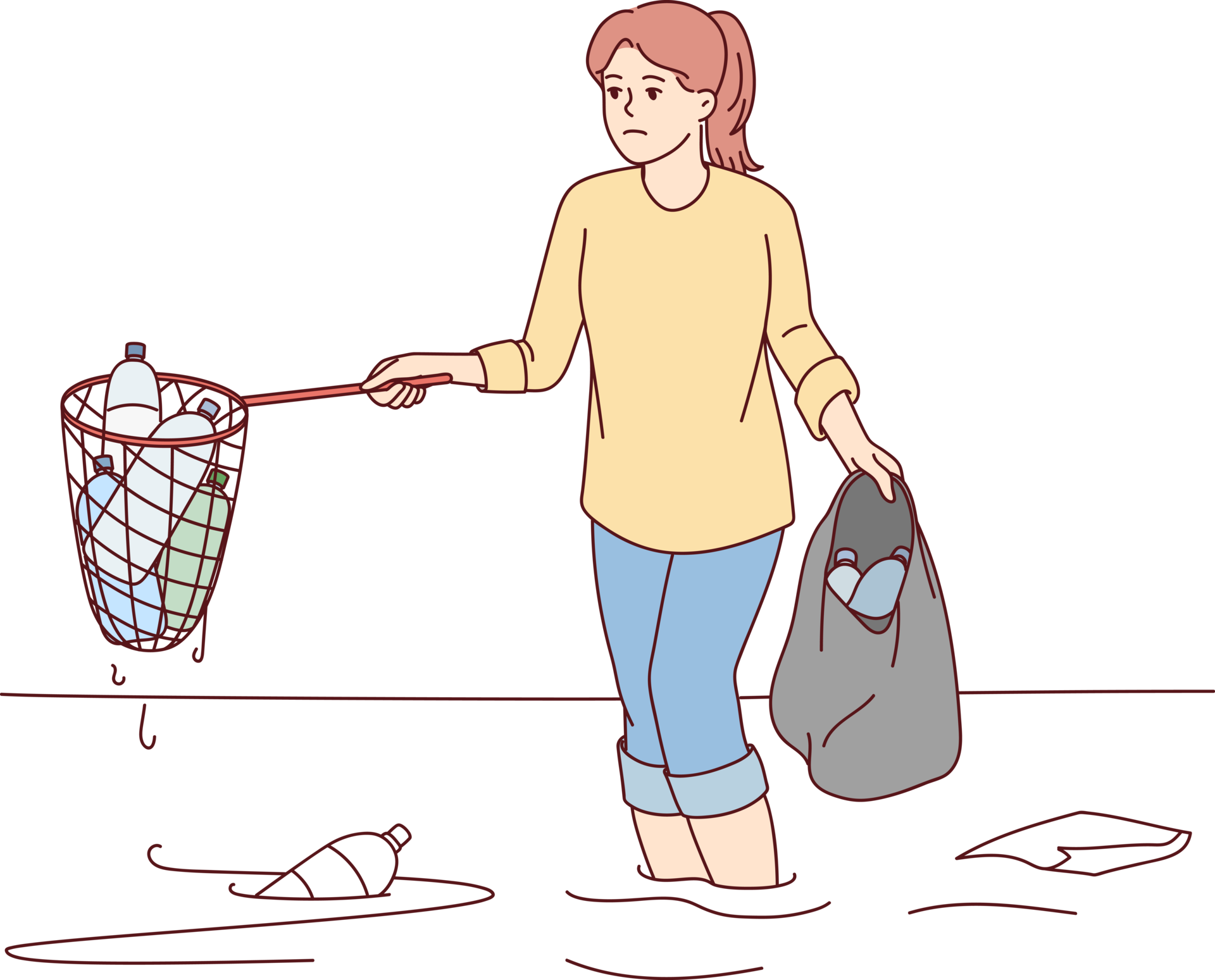Sad Woman Cleans Ocean Of Plastic Garbage By Pulling Out Bottles Using Scoop Net 21480565 Png