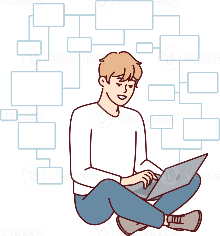 Young Man Programmer Sits Cross Legged On Floor With Laptop On Lap And Creates Apps 21480574 Png
