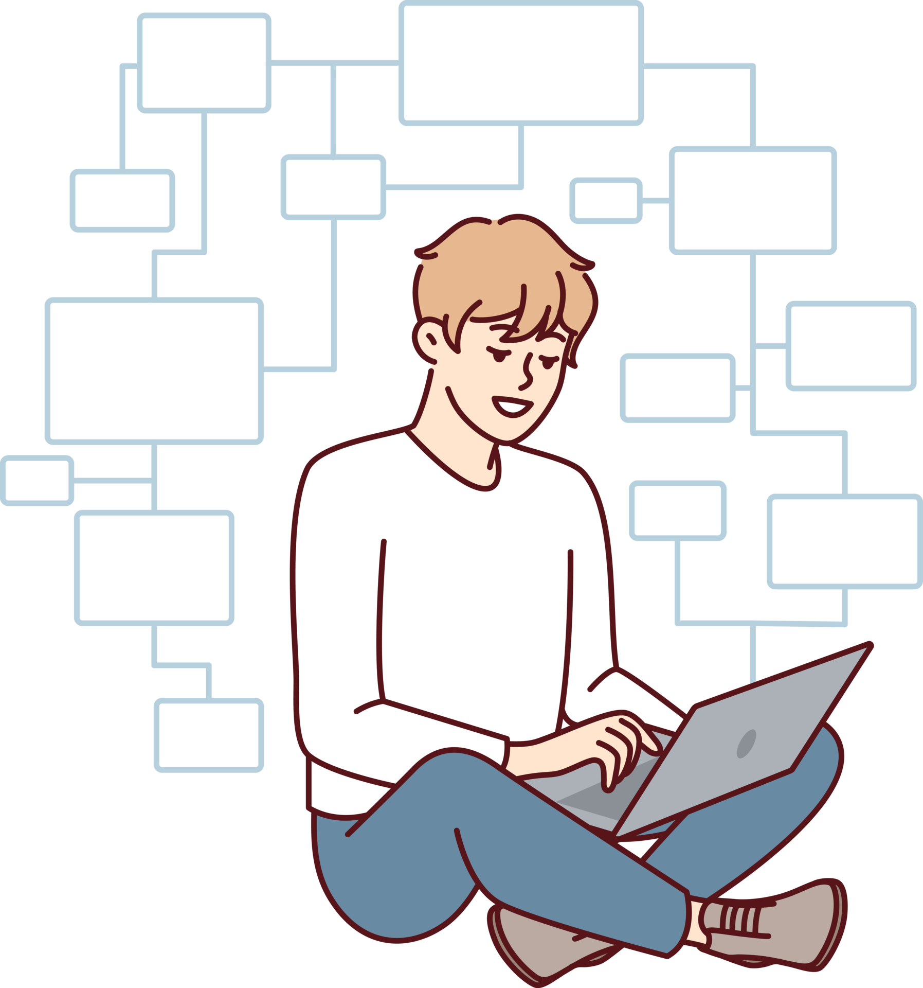 Young Man Programmer Sits Cross Legged On Floor With Laptop On Lap And