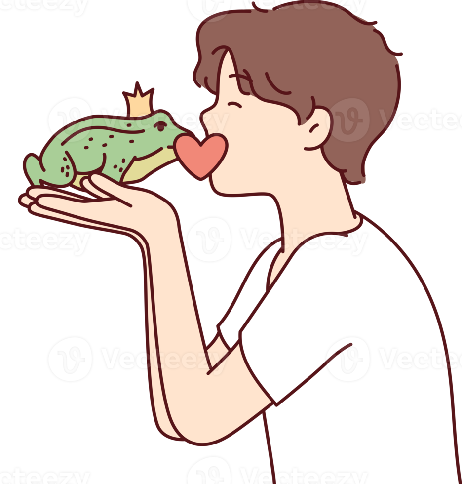 Guy kisses frog princess with crown on head, wishing that animal turned ... Guy kisses frog princess with crown on head, wishing that animal turned ...