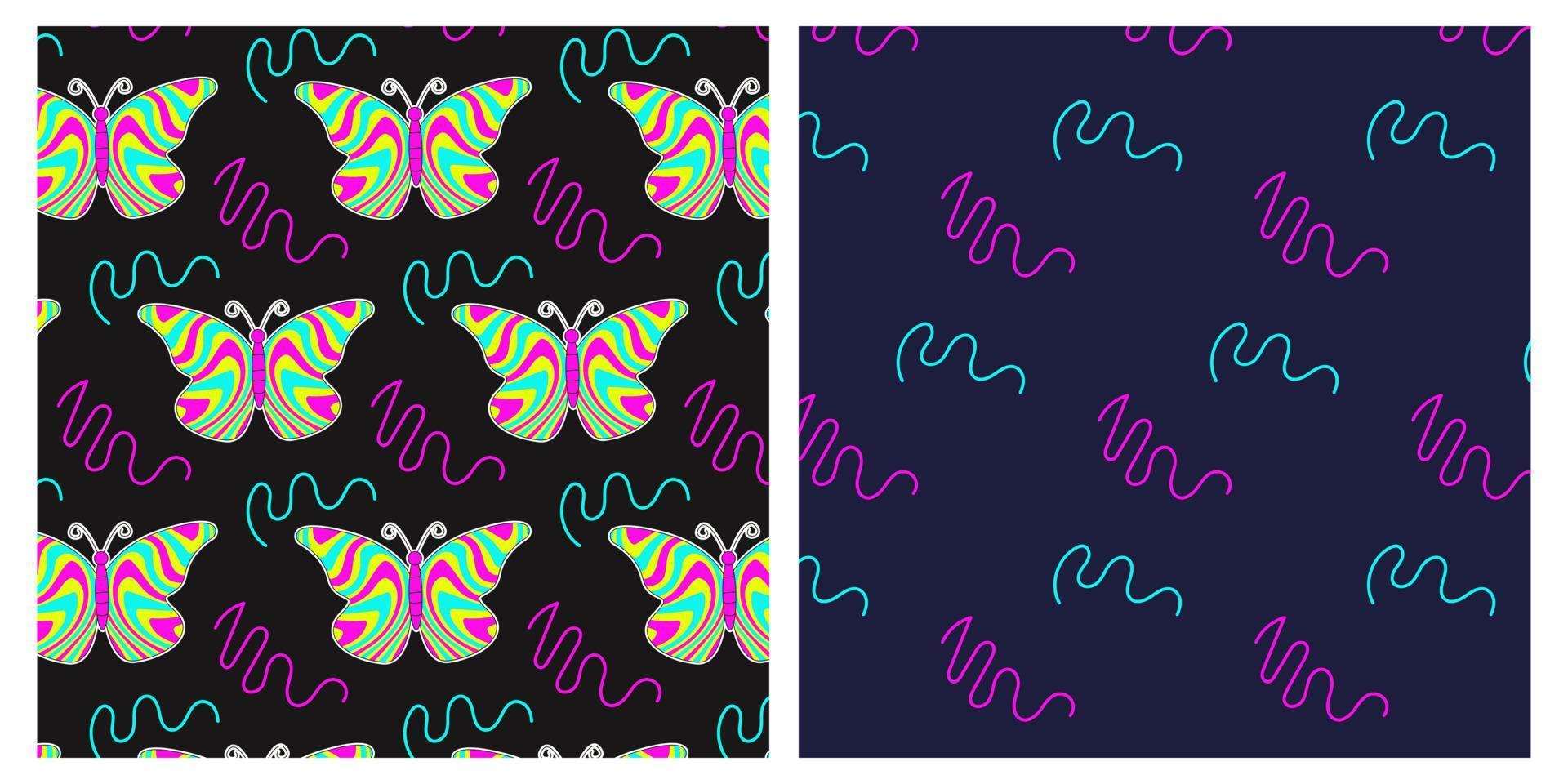 Groovy seamless pattern with abstract neon butterflies and line on ...