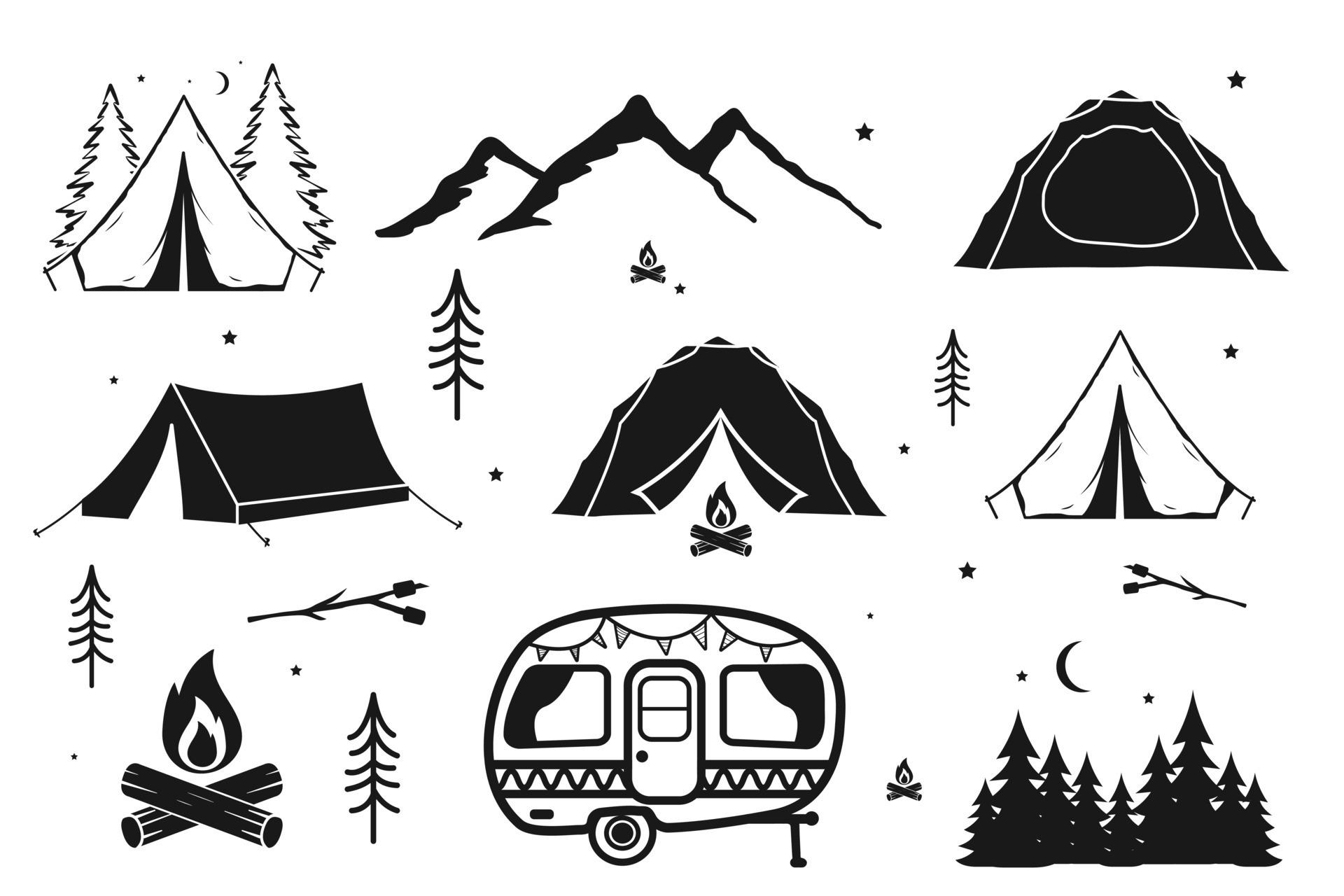 Camping Equipment Silhouette Collection Set Tent Camp Fire Hill