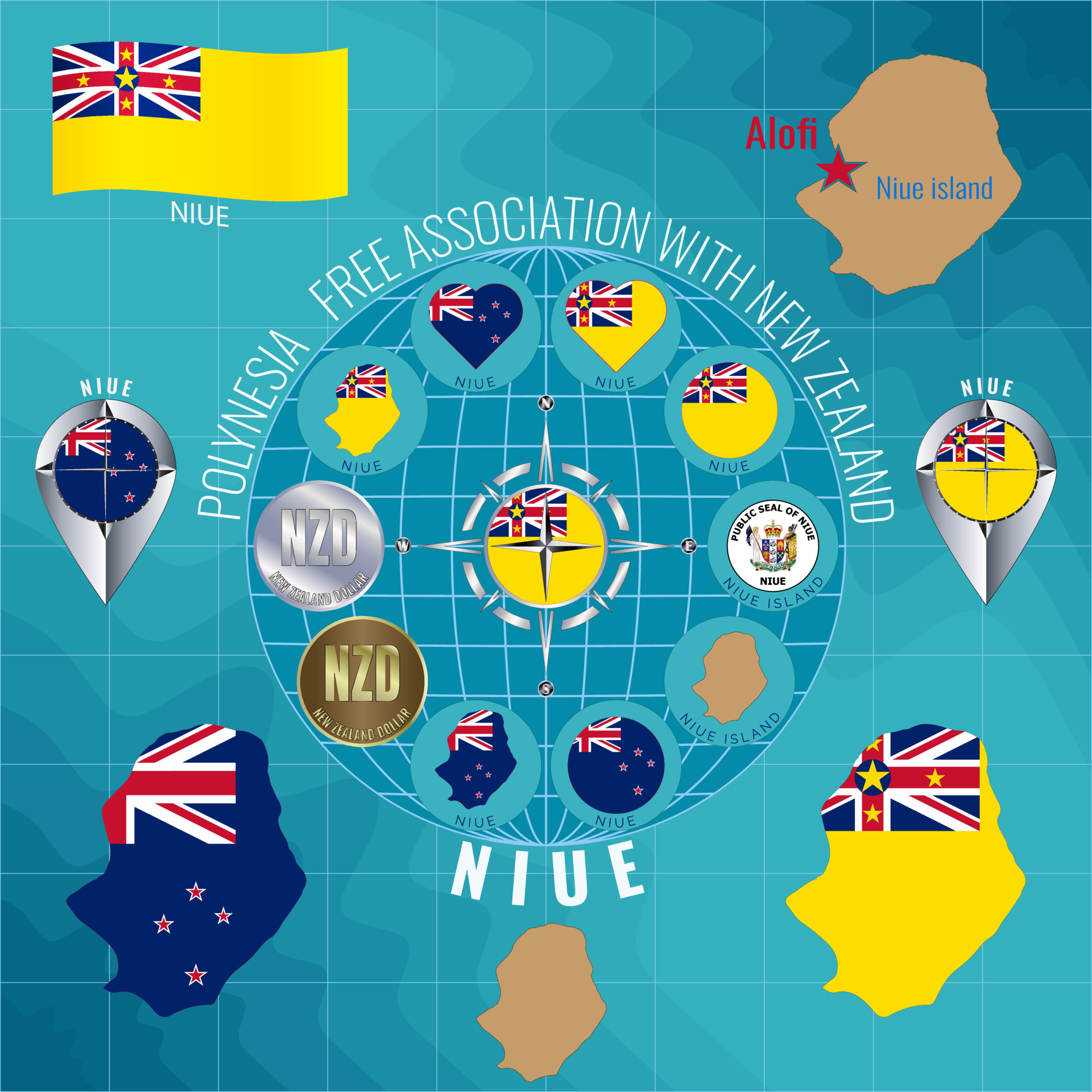 conjunto de vector ilustraciones de bandera, contorno mapa, dinero, íconos de niue. viaje ...