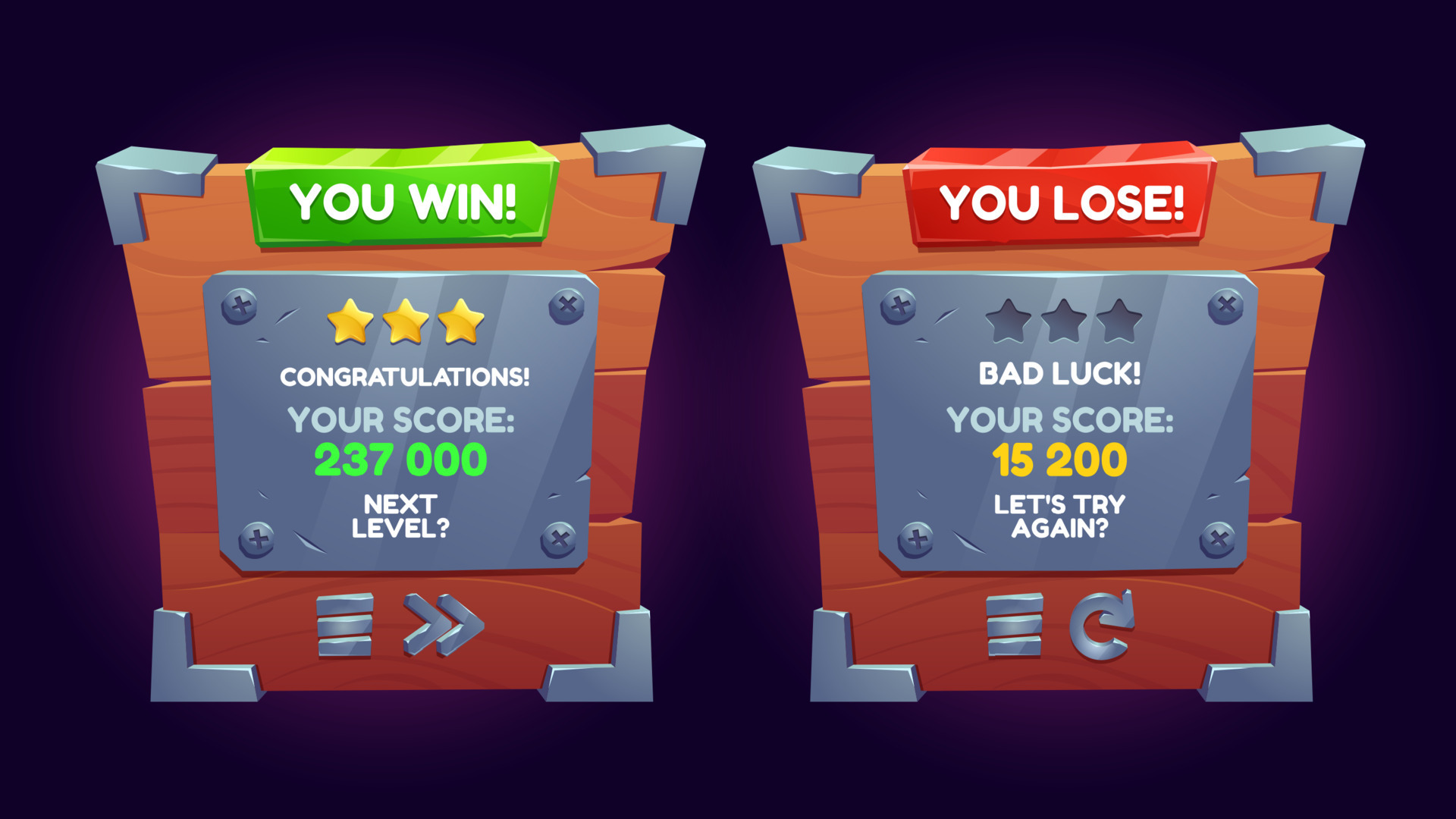Win And Lose Ui Game Wooden Screen Design Vector 21493817 Vector Art At Vecteezy