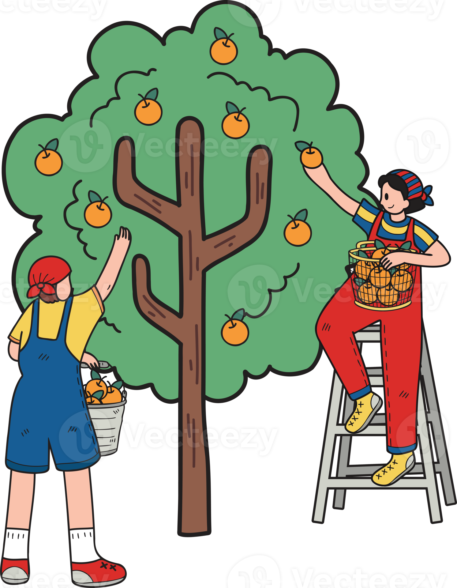 Farmers Are Picking Fruit From Trees Illustration In Doodle Style
