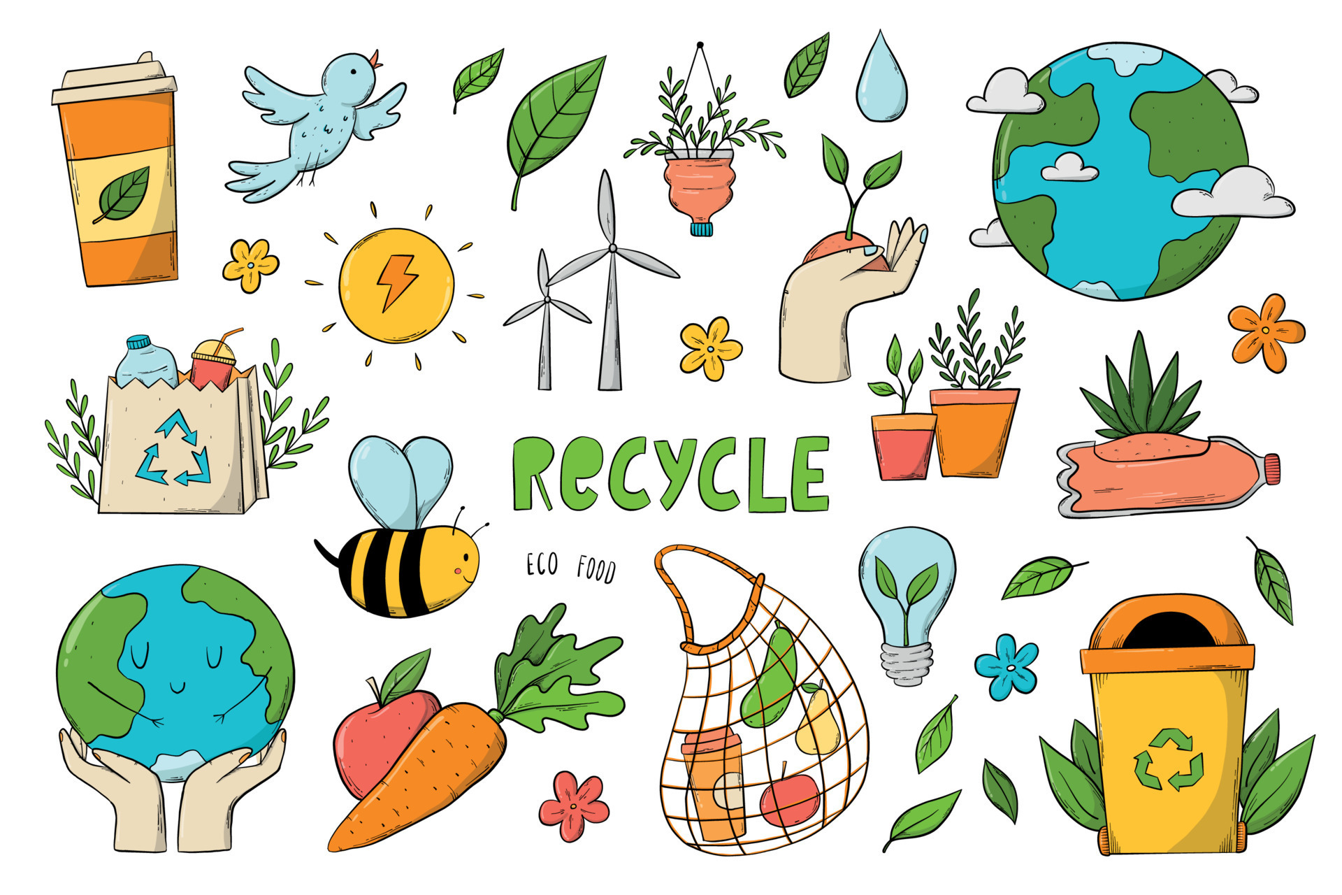 conjunto de ecológico sustentabilidad garabatos, ambiente dibujos ... conjunto de ecológico sustentabilidad garabatos, ambiente dibujos ...