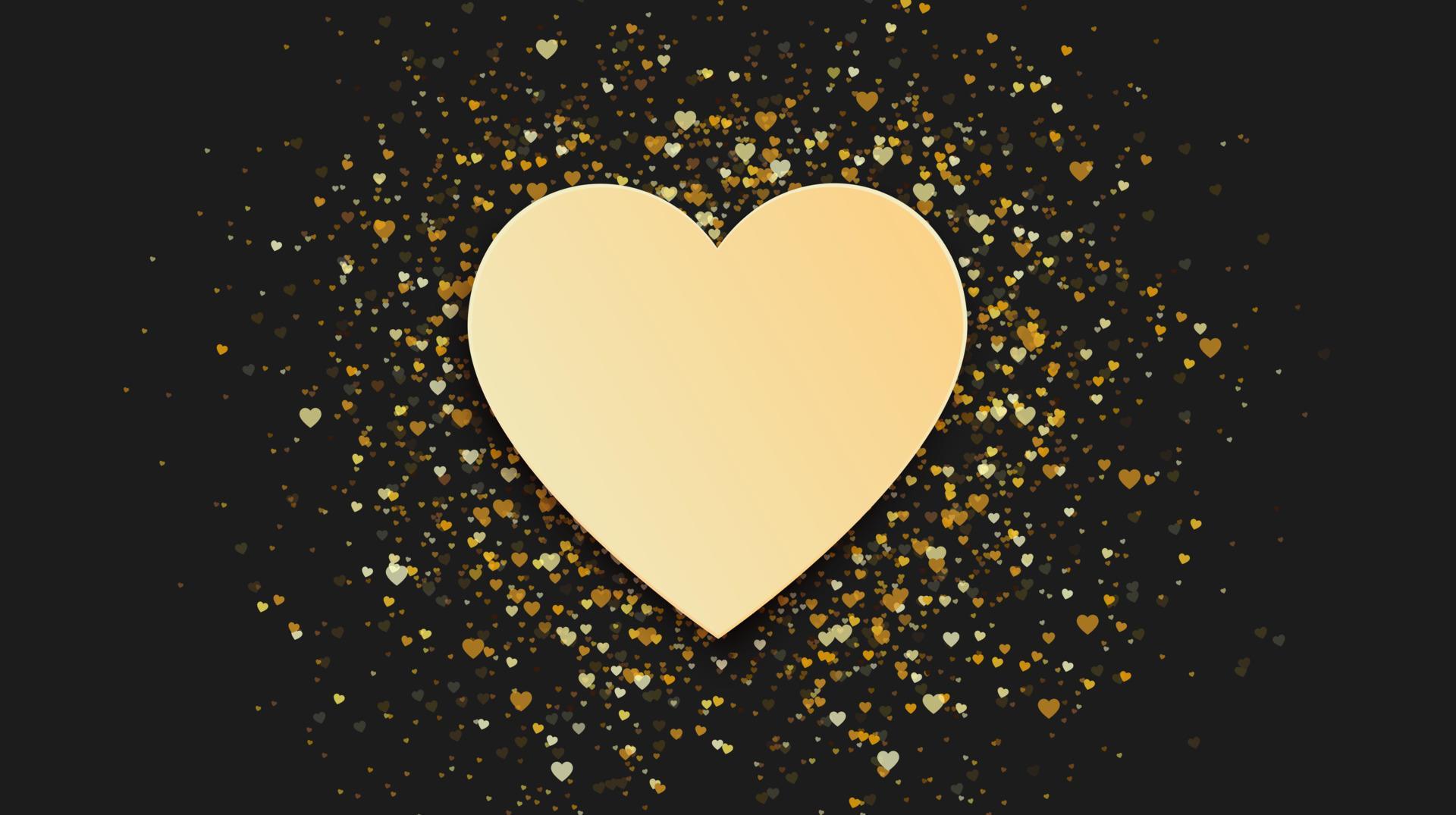 Heart shape element with golden heart confetti. Flat decoration for design of valentines day ...