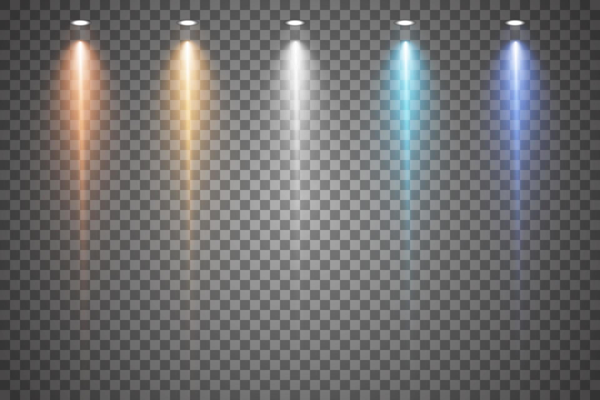 Set of colored spotlights on a transparent background. Bright lighting with spotlights ...