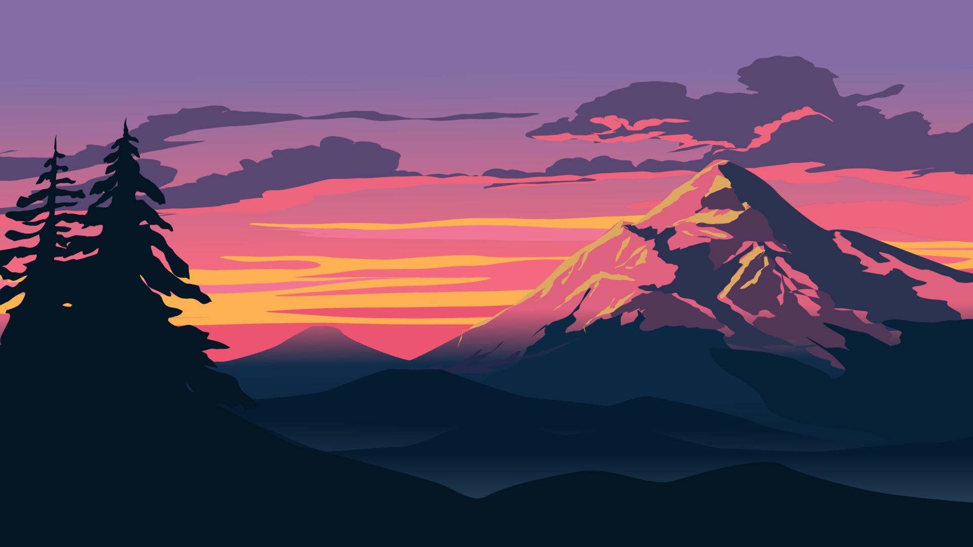 Vector sunset landscape illustration with mountains and pine trees ...