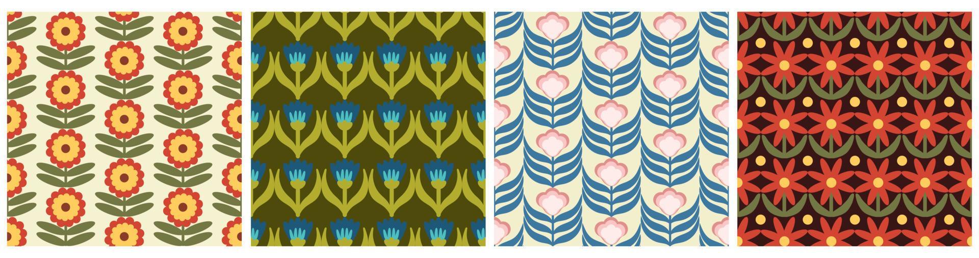 Set of Retro Floral Pattern. 70s Funky Design collection with Geometric ...