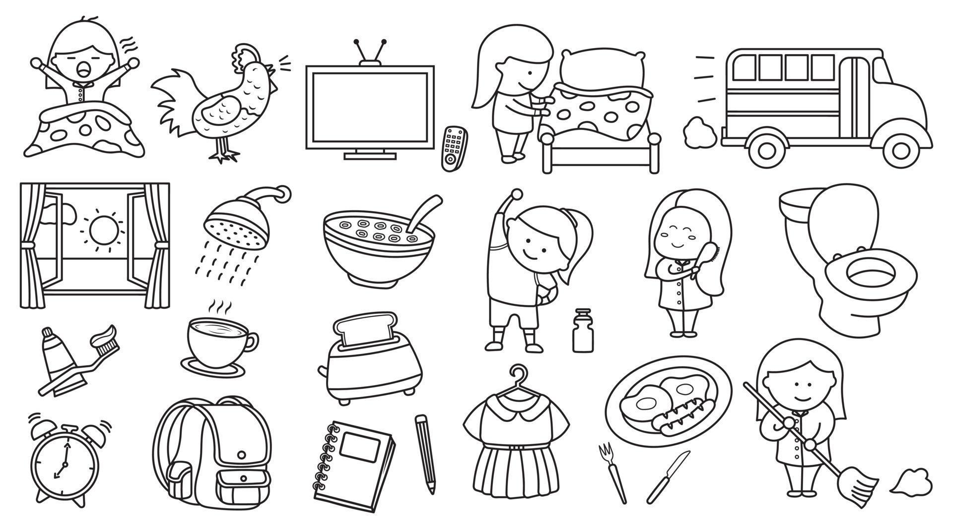 Hand drawn kids drawing set of The daily routine of cute girl going to ...