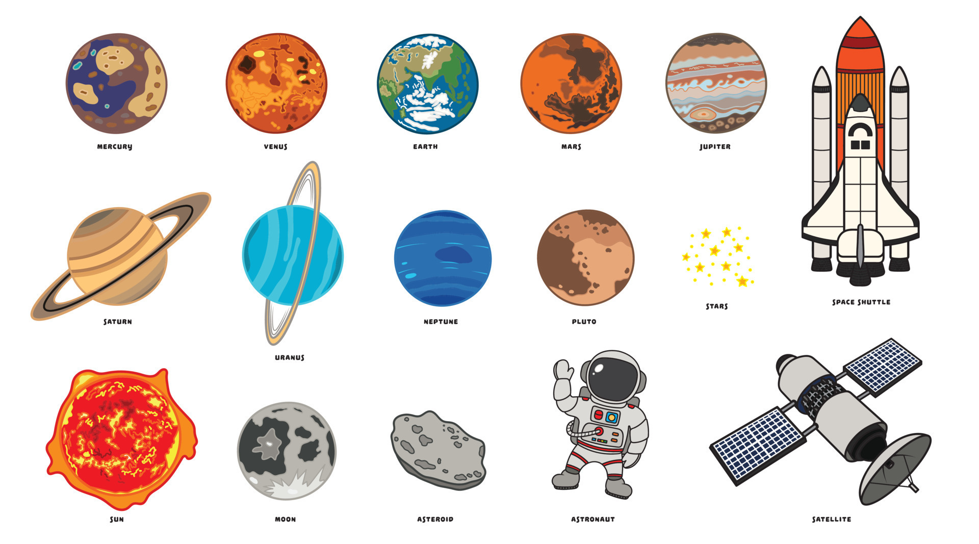 Vector illustration color children cartoon solar system planets, asteroid, stars, astronaut ...