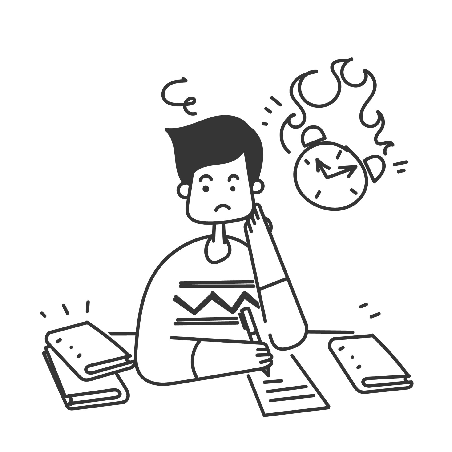 hand drawn doodle student learning hard for exam or work illustration ...