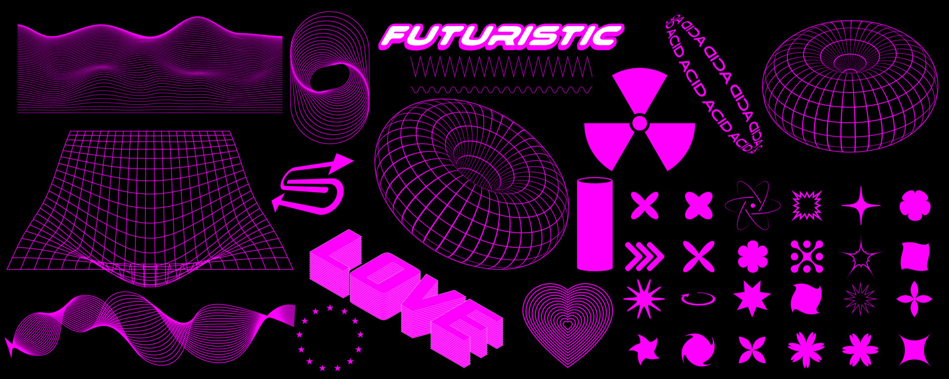 Retro futuristic design elements. 3D wireframe shapes in trendy retro cyberpunk 80s 90s style ...