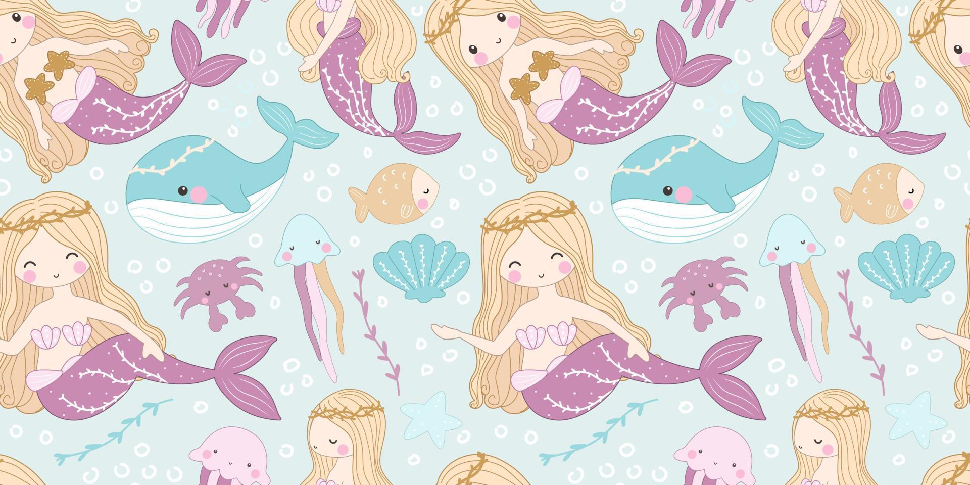 Cute Mermaids And Friends Seamless Pattern 21524138 Vector Art At Vecteezy