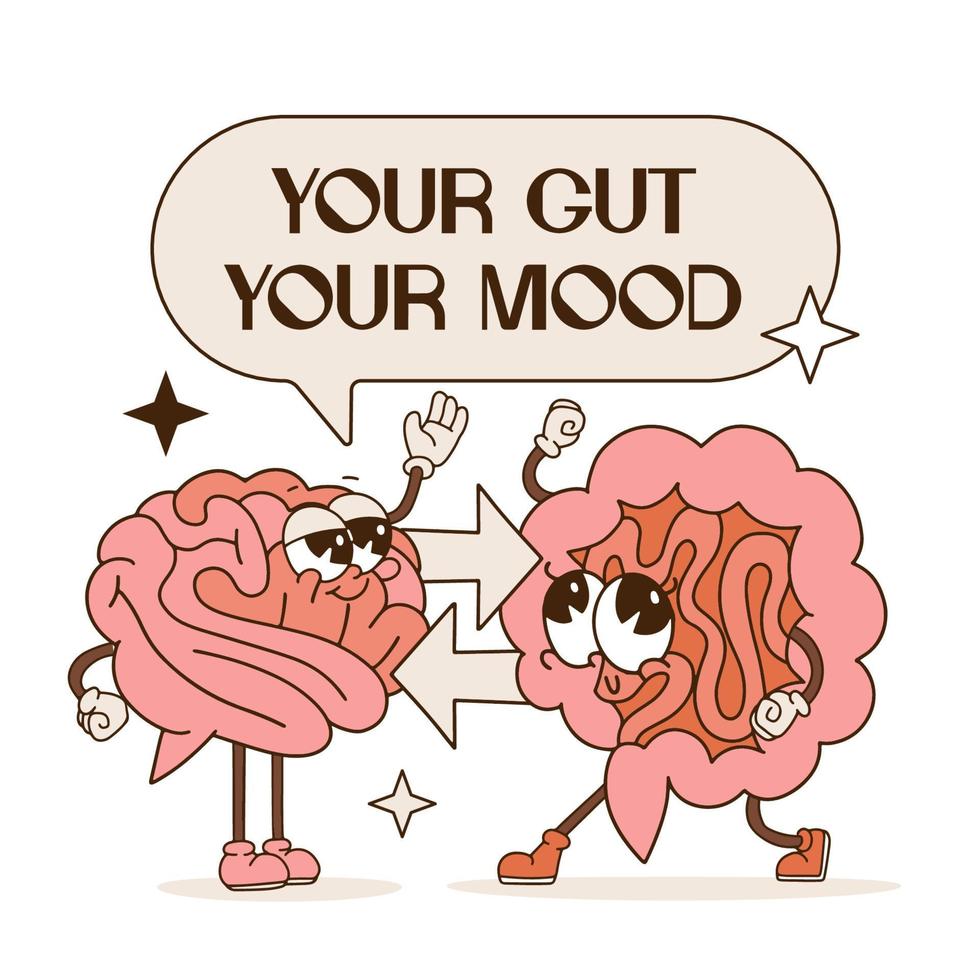 Gut and brain retro cartoon characters connection. Health of the brain ... Gut and brain retro cartoon characters connection. Health of the brain ...