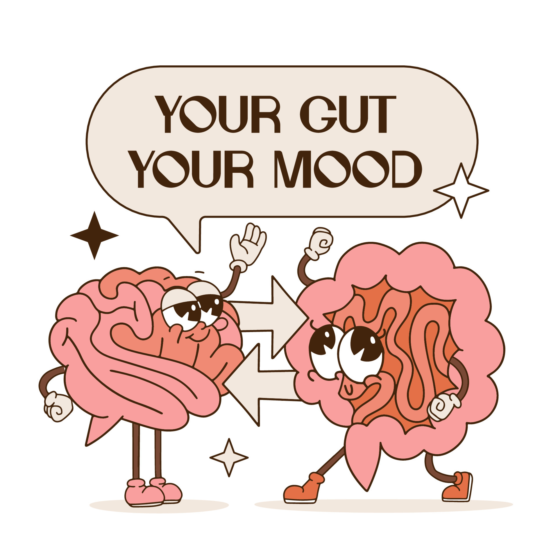 Gut And Brain Retro Cartoon Characters Connection Health Of The Brain
