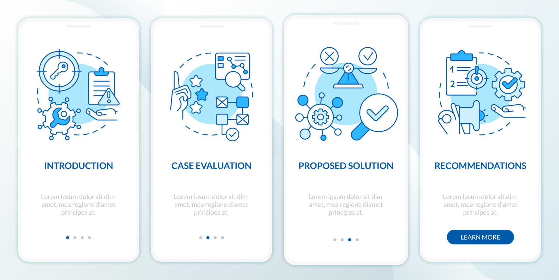 Case drafting blue onboarding mobile app screen. Studying plan walkthrough 4 steps editable ...