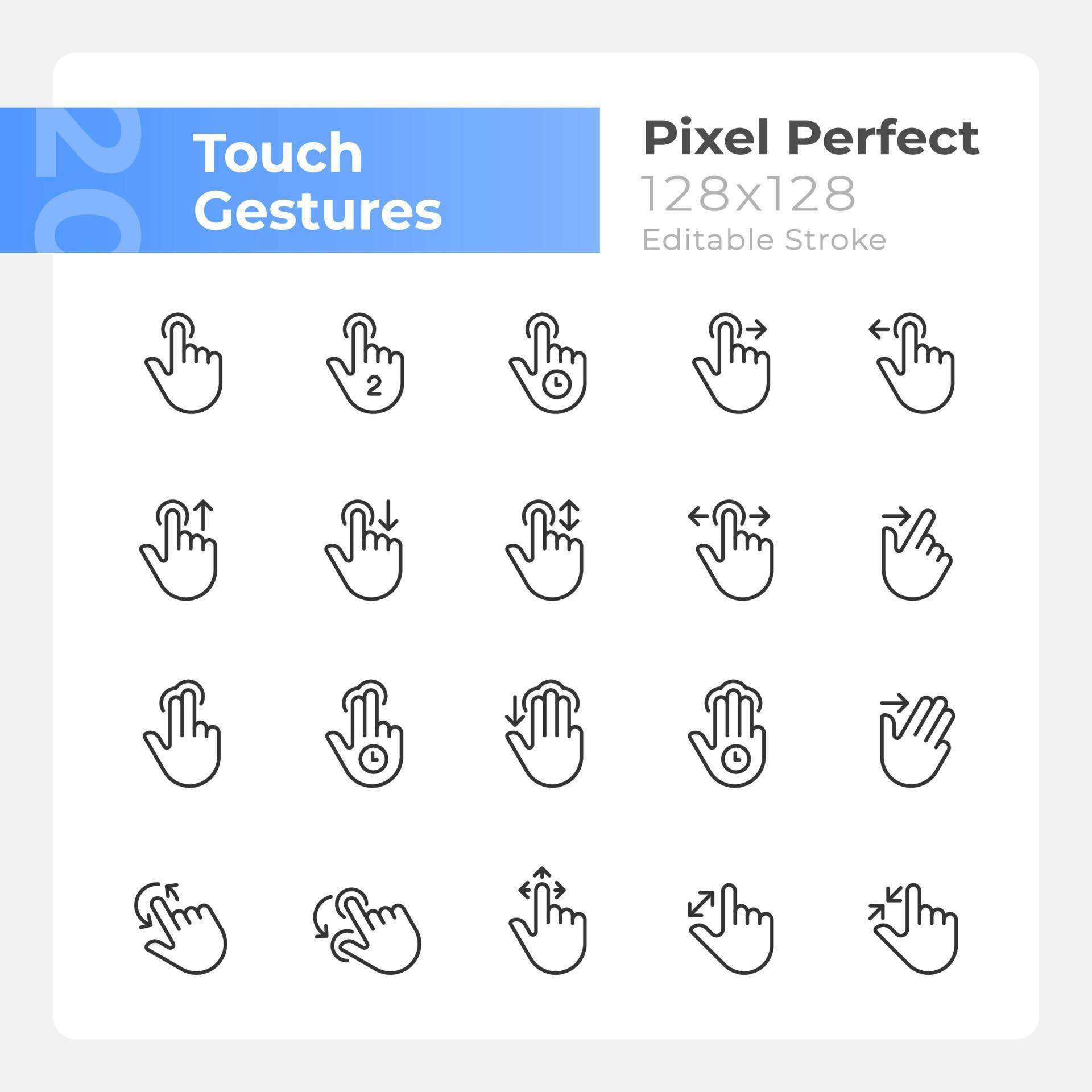 Touch gestures pixel perfect linear icons set. Touchscreen control ...