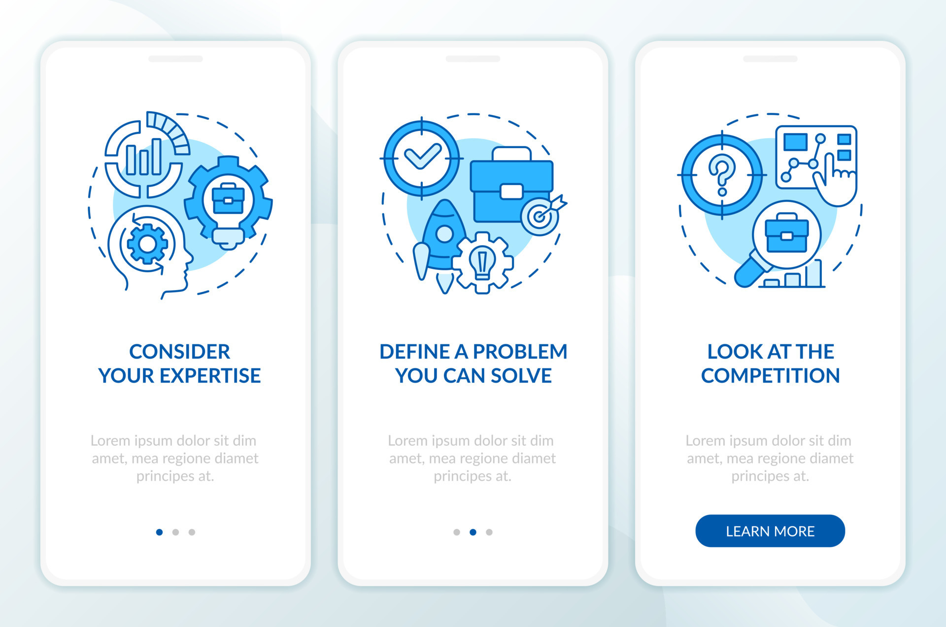 Develop And Fine Tune Startup Idea Blue Onboarding Mobile App Screen Walkthrough 3 Steps