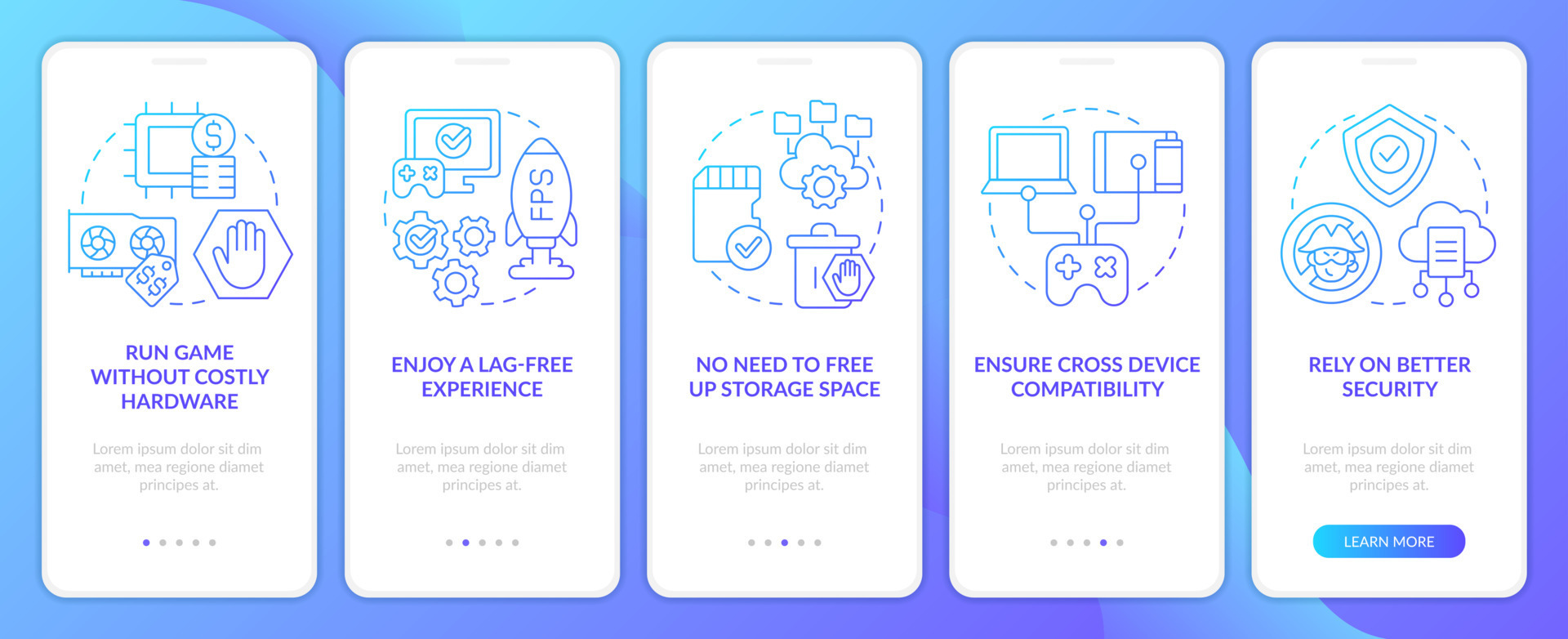 Cloud gaming benefits blue gradient onboarding mobile app screen. AR ... Cloud gaming benefits blue gradient onboarding mobile app screen. AR ...