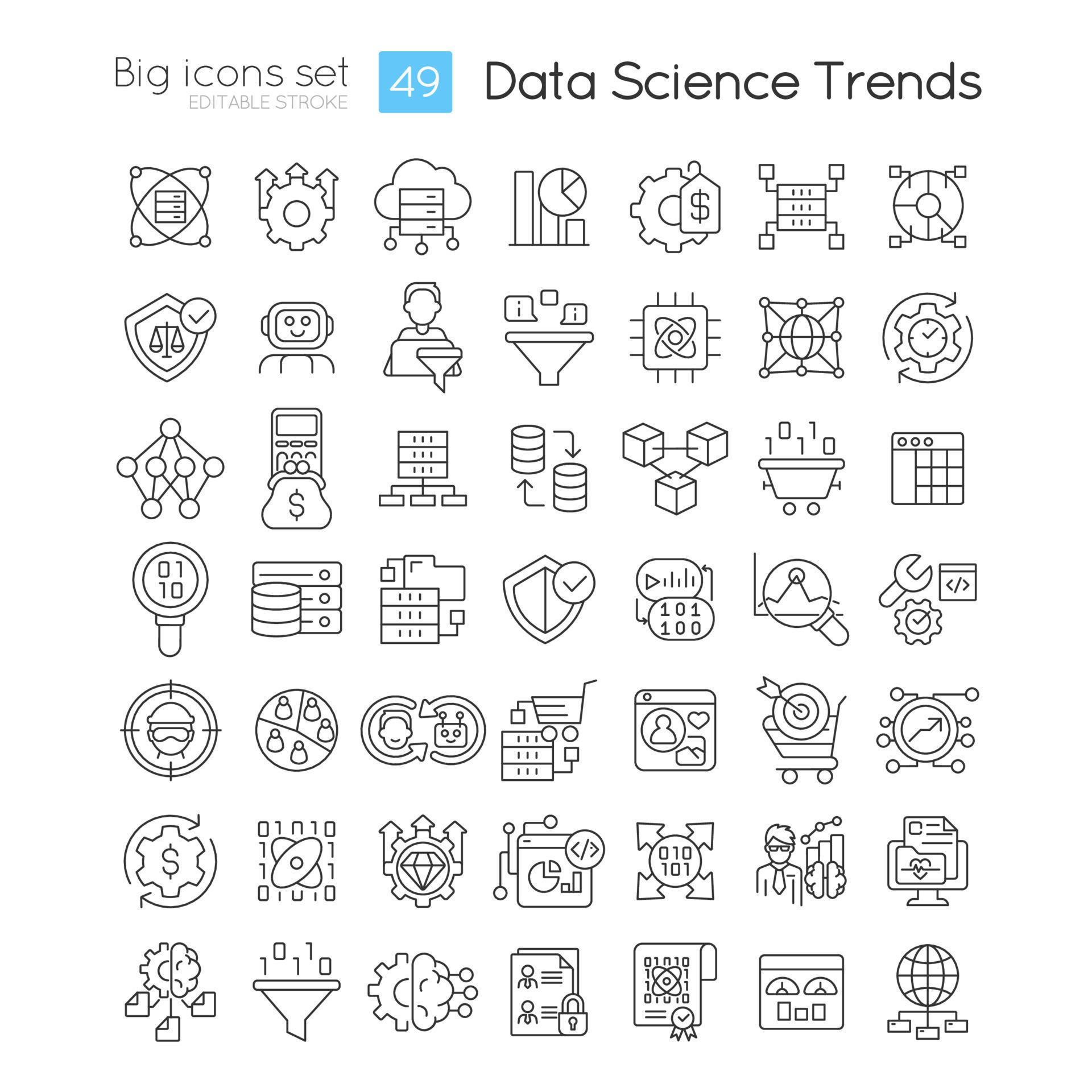 Data science trends linear icons set. Information analytics technology ...