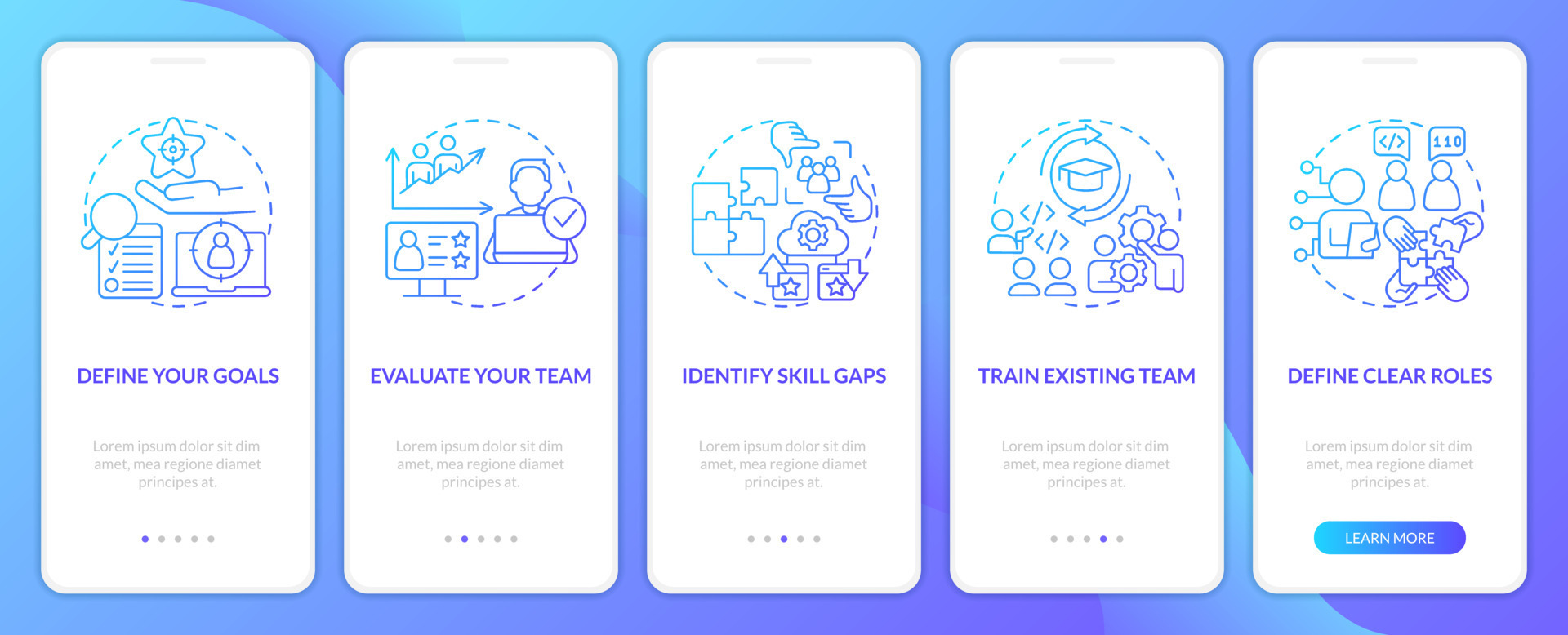 It Staffing Tips Blue Gradient Onboarding Mobile App Screen Hiring Process Walkthrough 5 Steps
