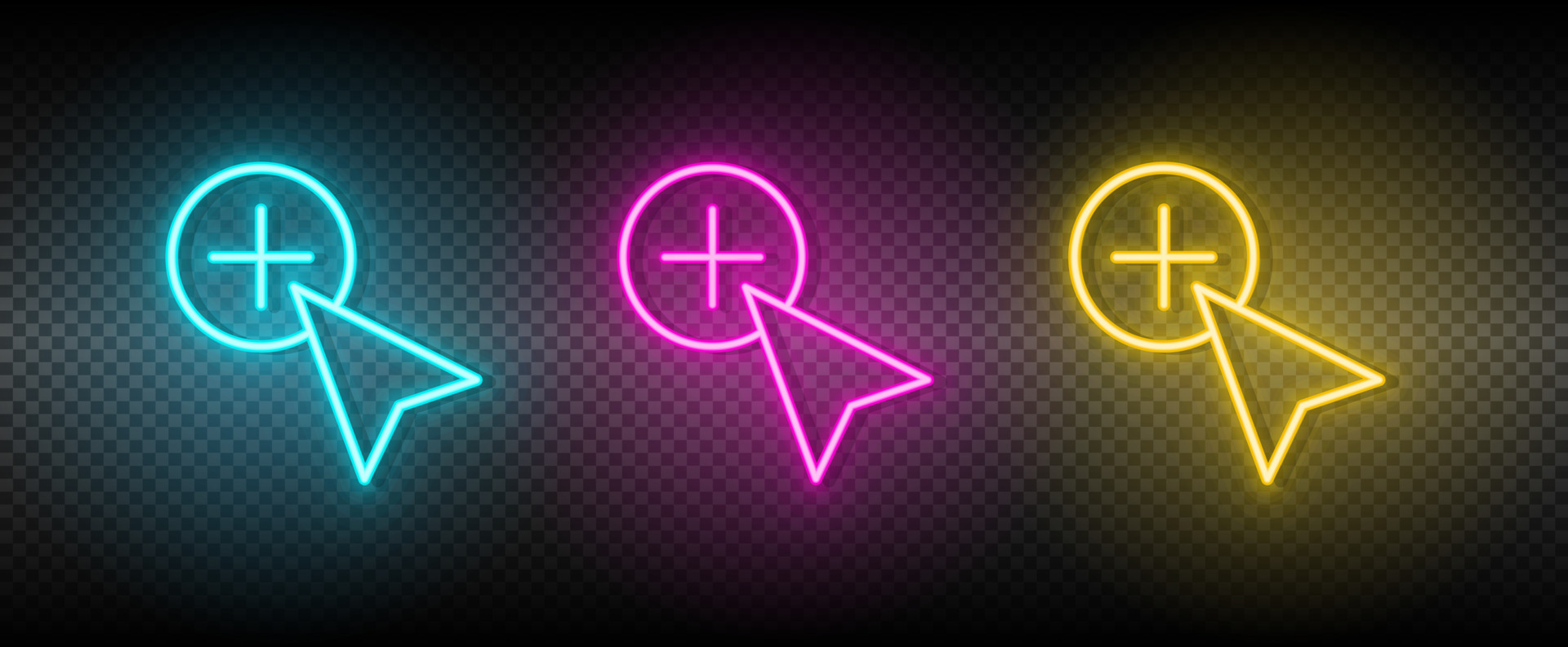 add, copy, cursor vector icon yellow, pink, blue neon set. Tools vector icon on dark ...
