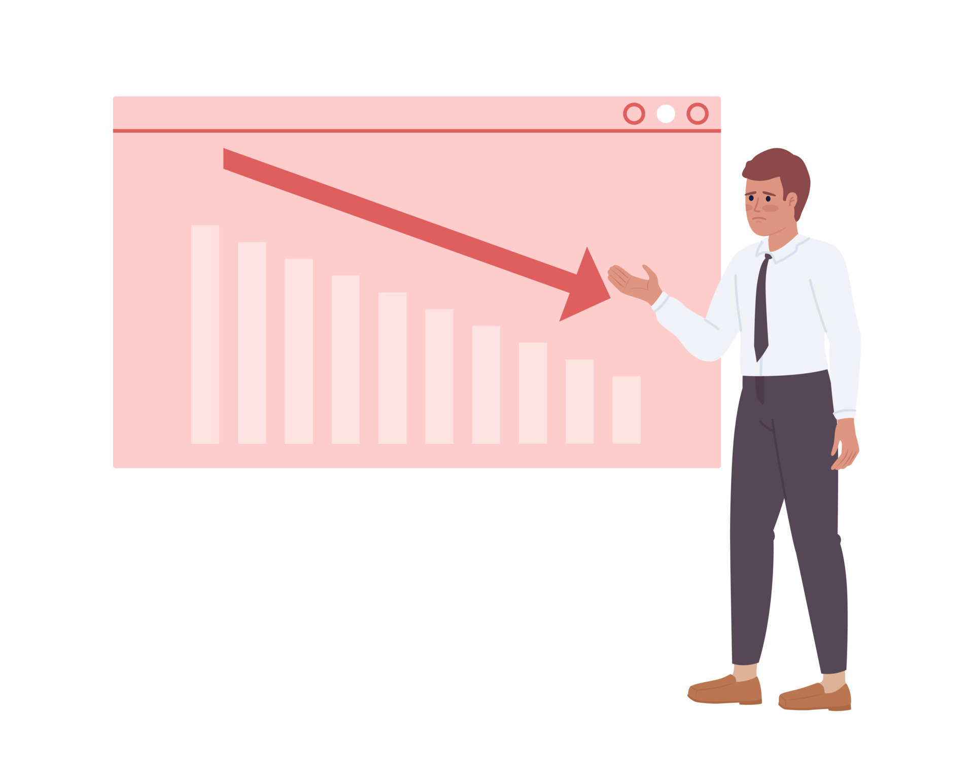 Business analyst representing sales chart decline on board flat concept vector spot illustration ...