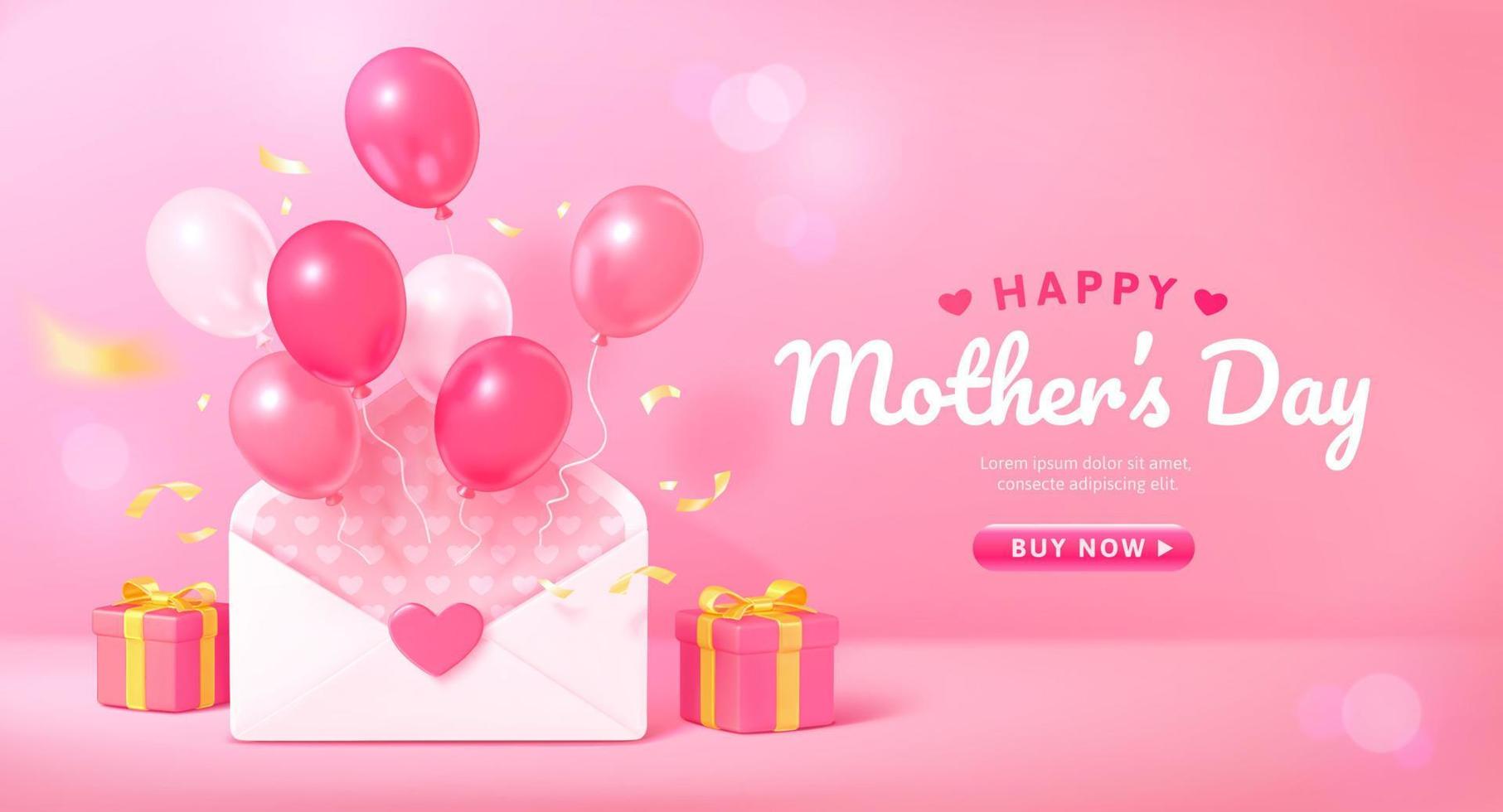 3d Mother's Day or Valentine's Day background. Layout design with pink balloons flying out of a ...