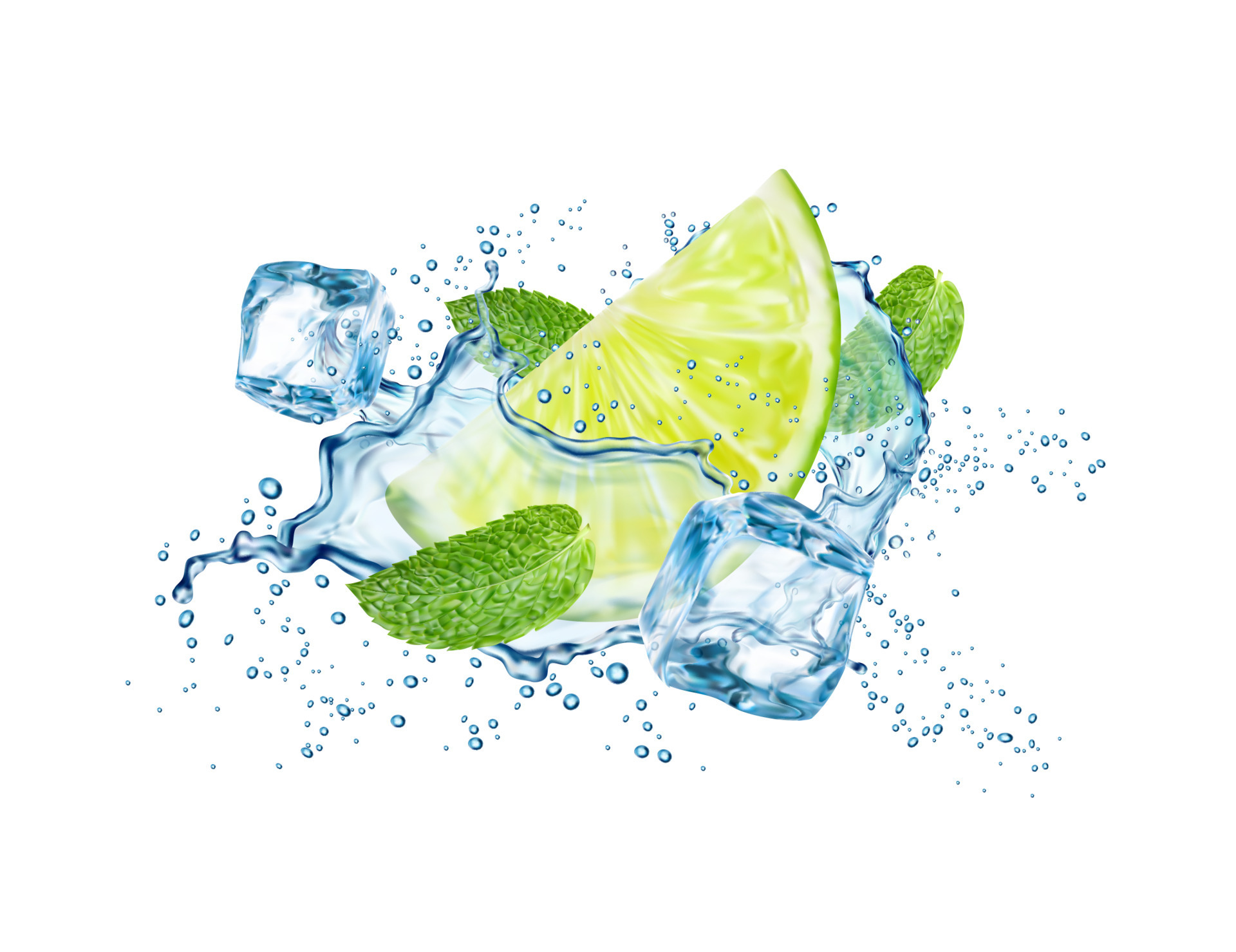 Lime, water splash, ice cubes, mint leaves, mojito 21565148 Vector Art at Vecteezy